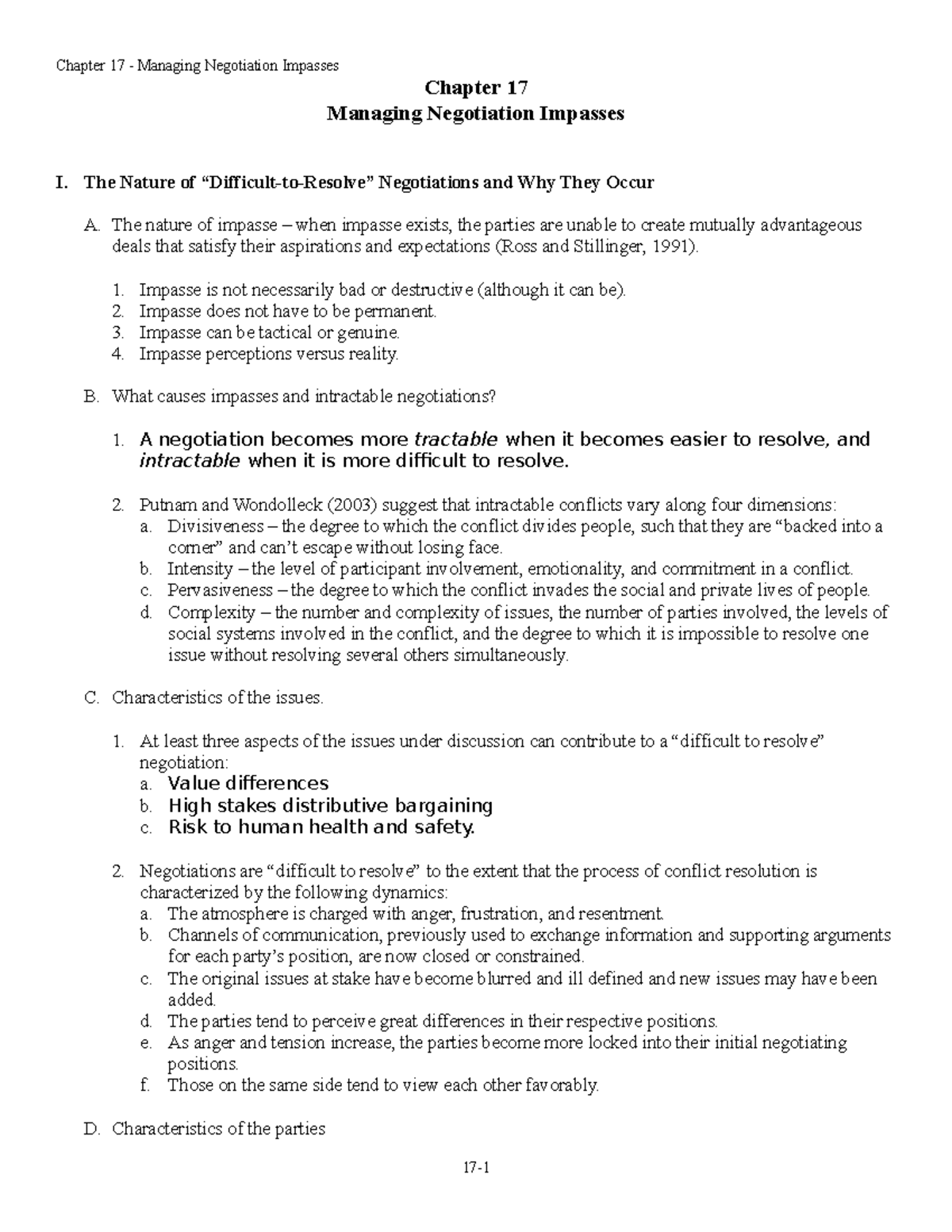 CH 17 Managing Negotiation Impasses - Chapter 17 Managing Negotiation ...