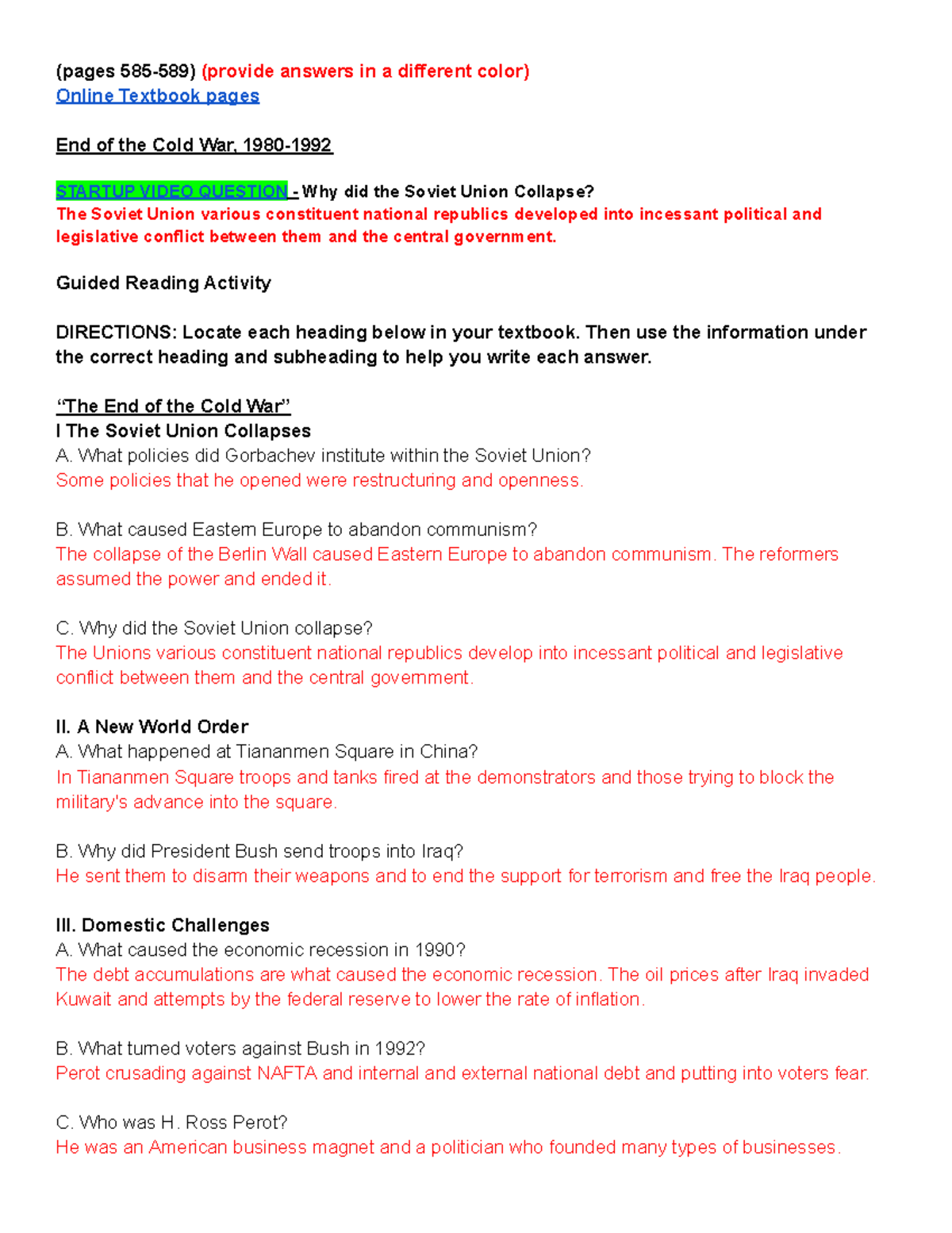 (End of the Cold War) Guided Reading - (pages 585-589) (provide answers ...