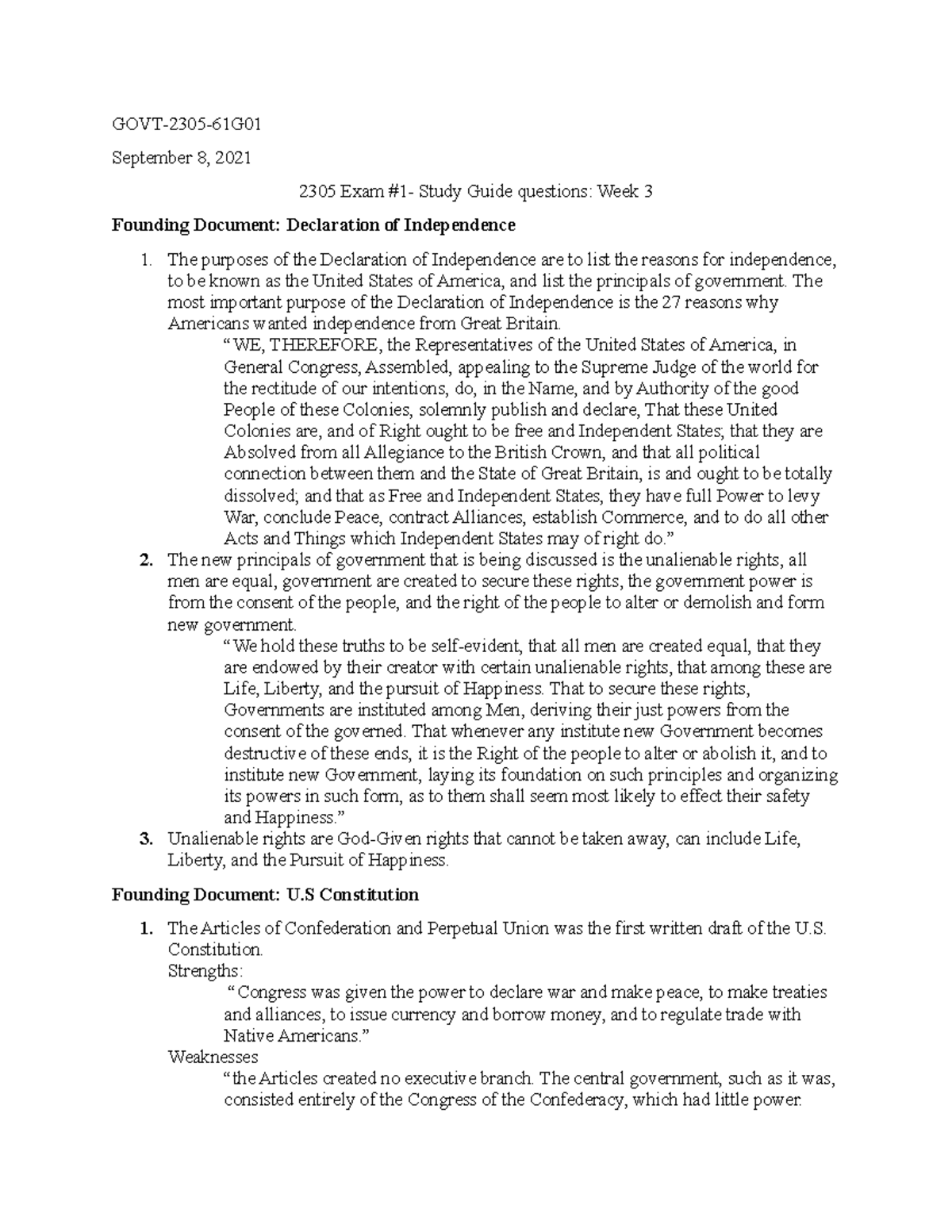 Study Guide #3 - Founding Document: Declaration of Independence - GOVT ...
