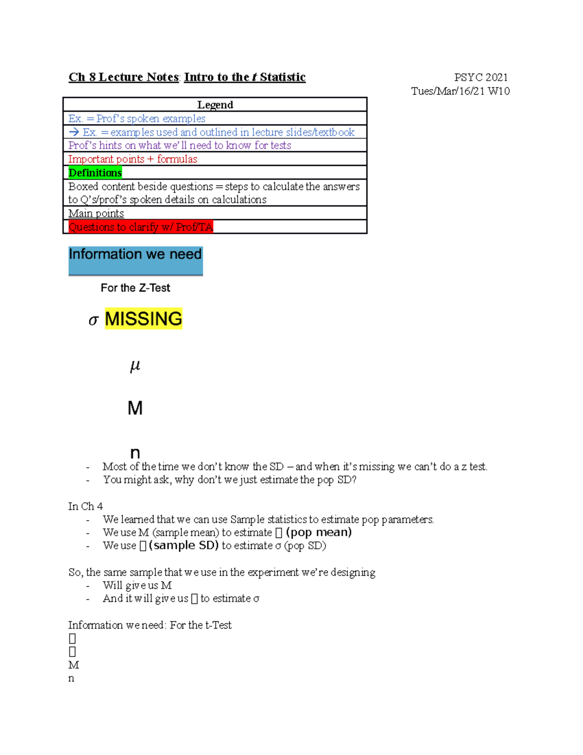 PSYC 2021 Ch 9 Lecture Notes - Ch 8 Lecture Notes : Intro to the t ...