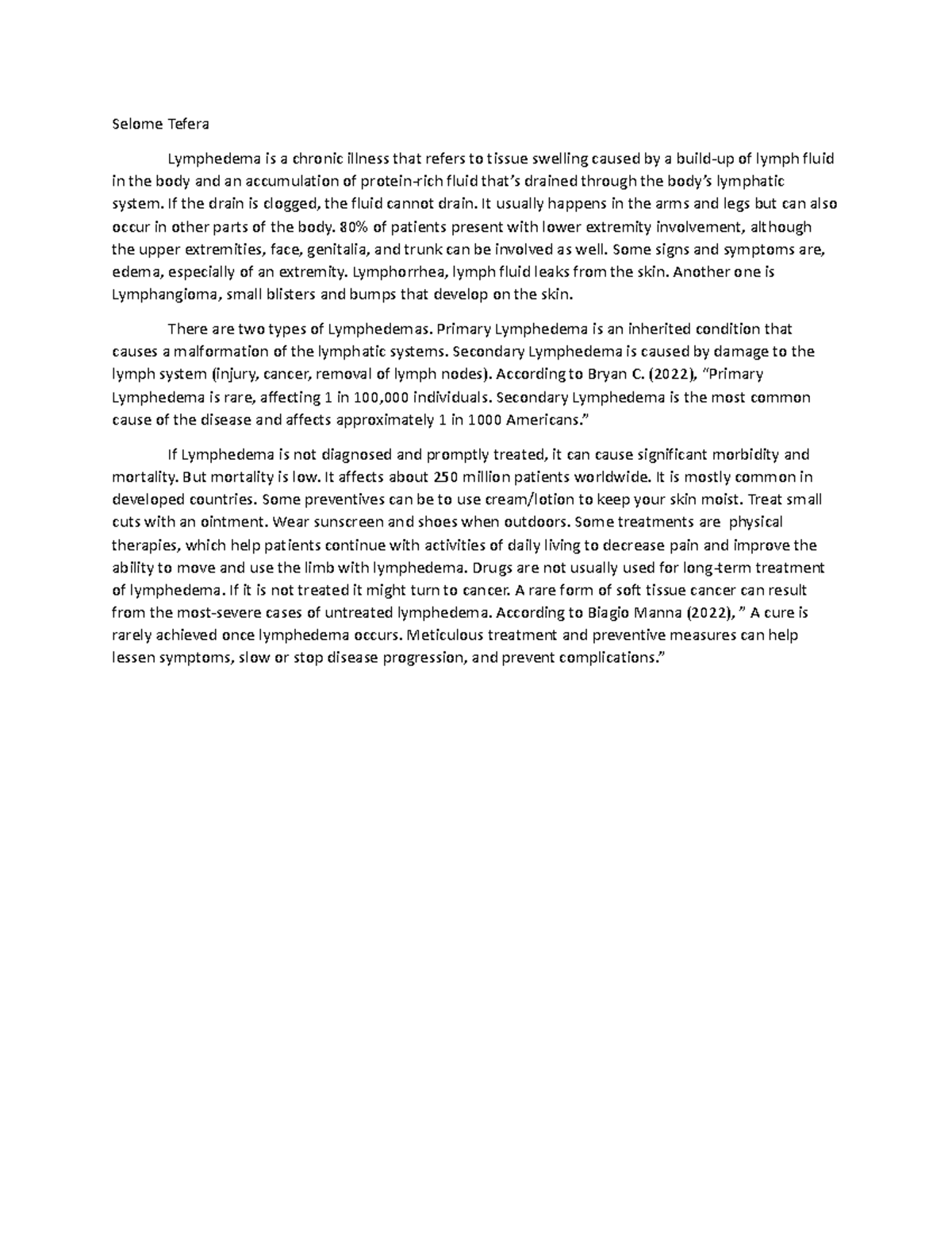 Lymphedema Reflection - Selome Tefera Lymphedema is a chronic illness that refers to tissue ...