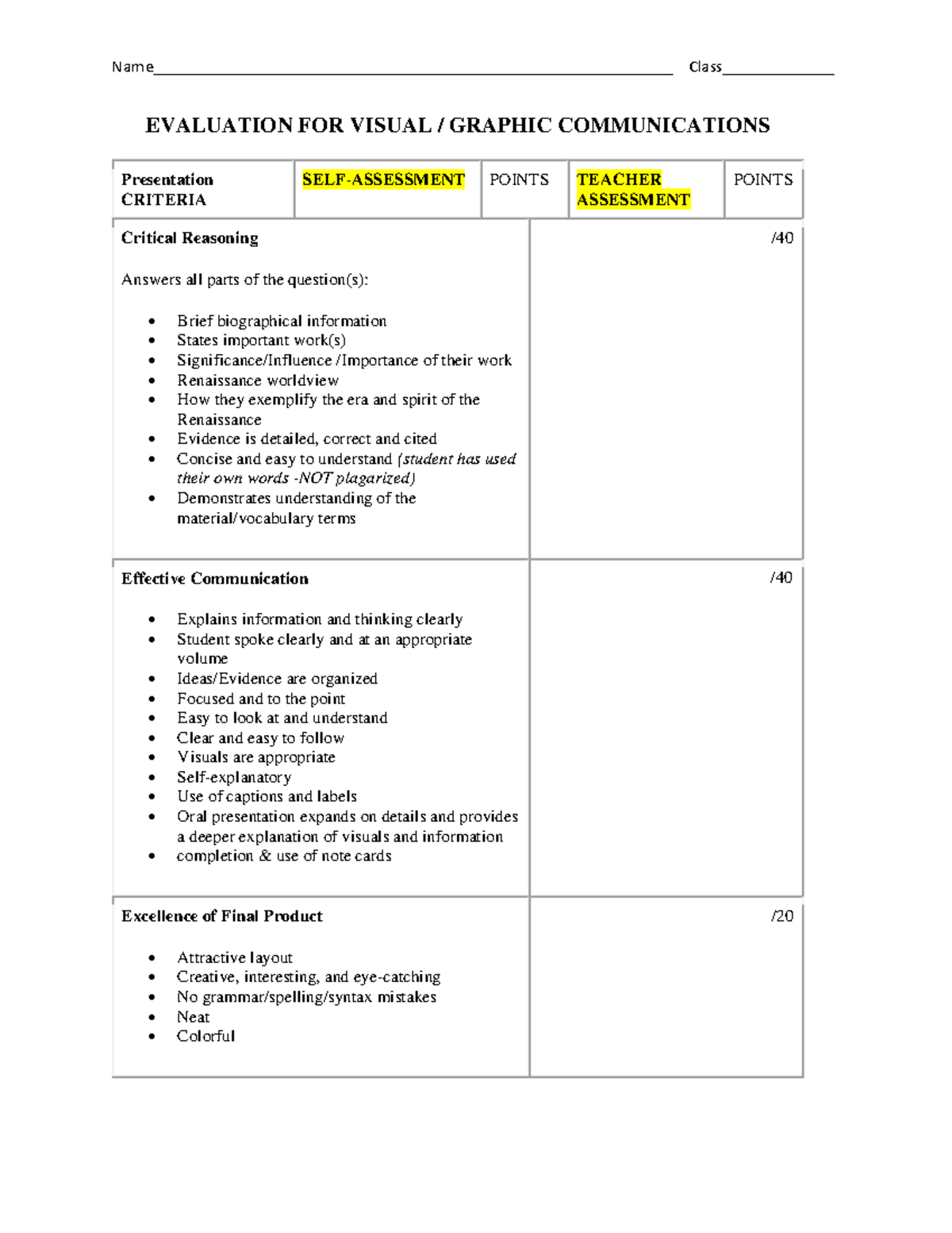 Renaissance Rubric - Name ...