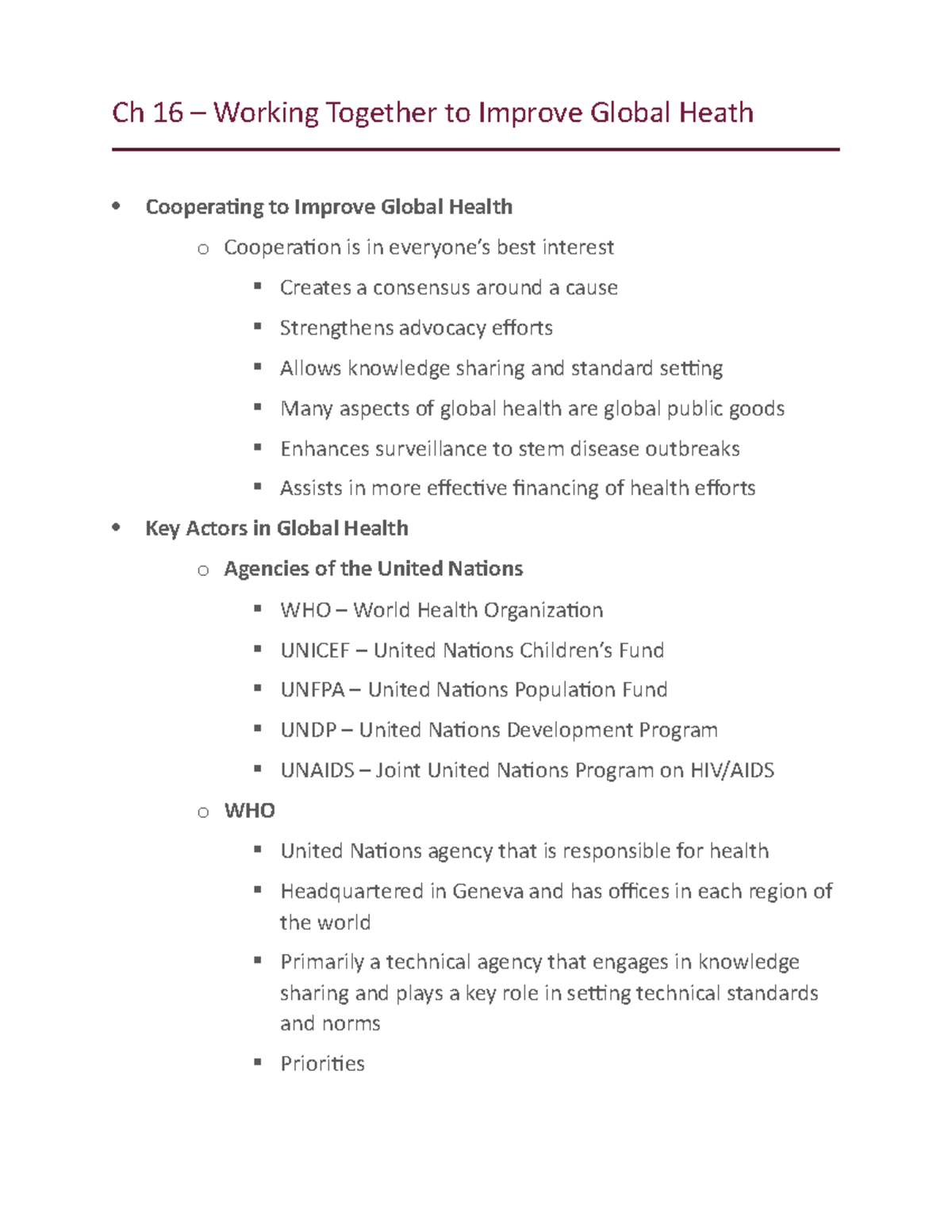 Ch 16- working together to improve global health - Ch 16 – Working ...