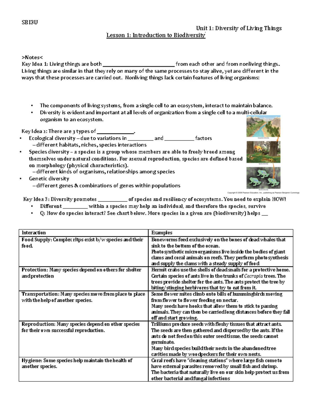 Unit 1 - Activity 6 - Introduction to Biodiversity Worksheet - >Notes