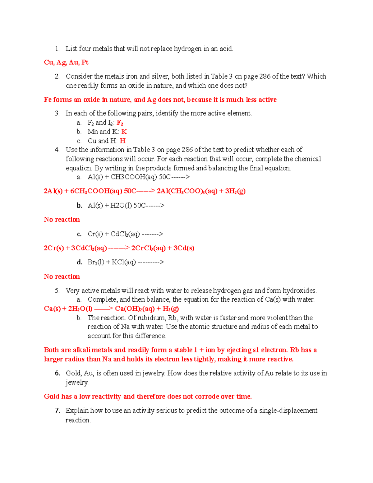 Chapter 8 -Section 3 Review WS - List four metals that will not replace hydrogen in an acid. Cu ...