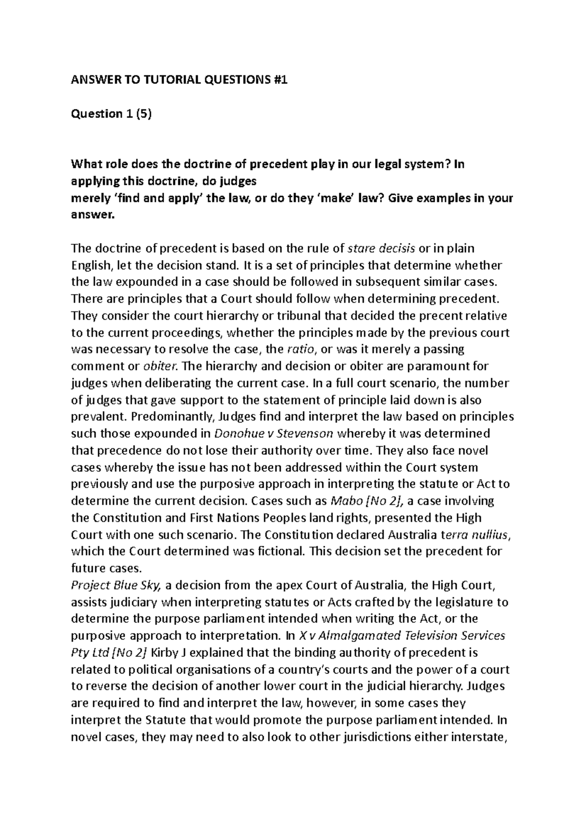 Answer TO Tutorial Questions - ANSWER TO TUTORIAL QUESTIONS Question 1 ...