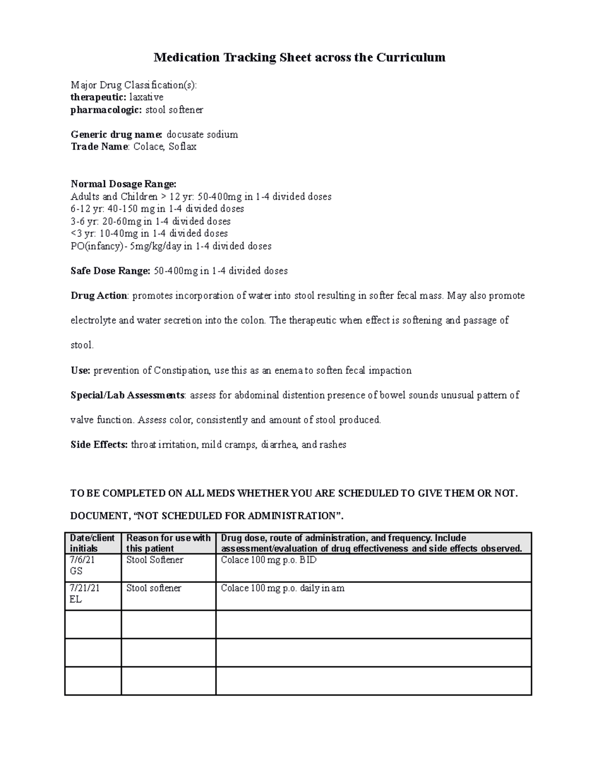 Colace - meds - Medication Tracking Sheet across the Curriculum Major ...