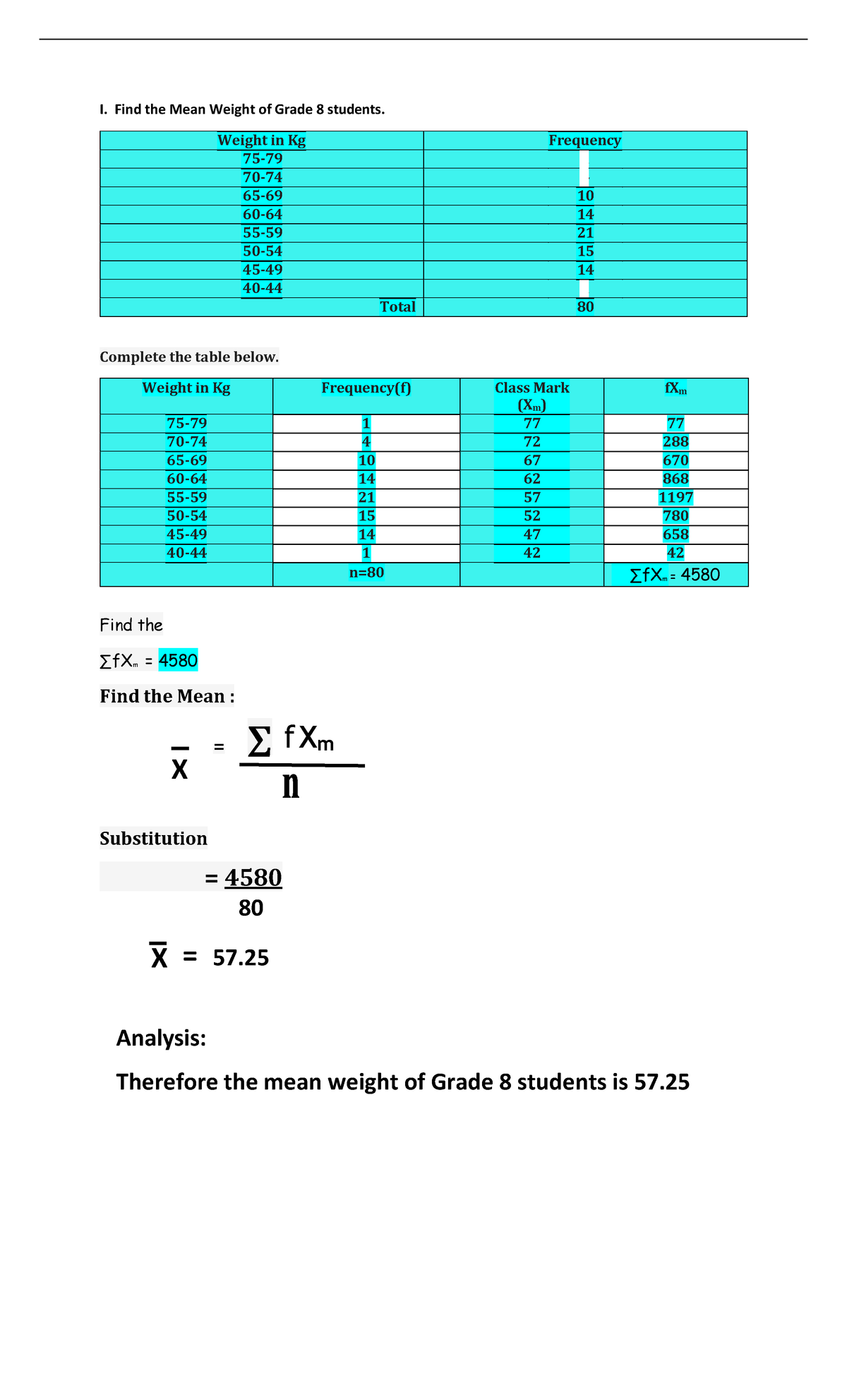 Evaluate - Mean Median - I. Find the Mean Weight of Grade 8 students ...