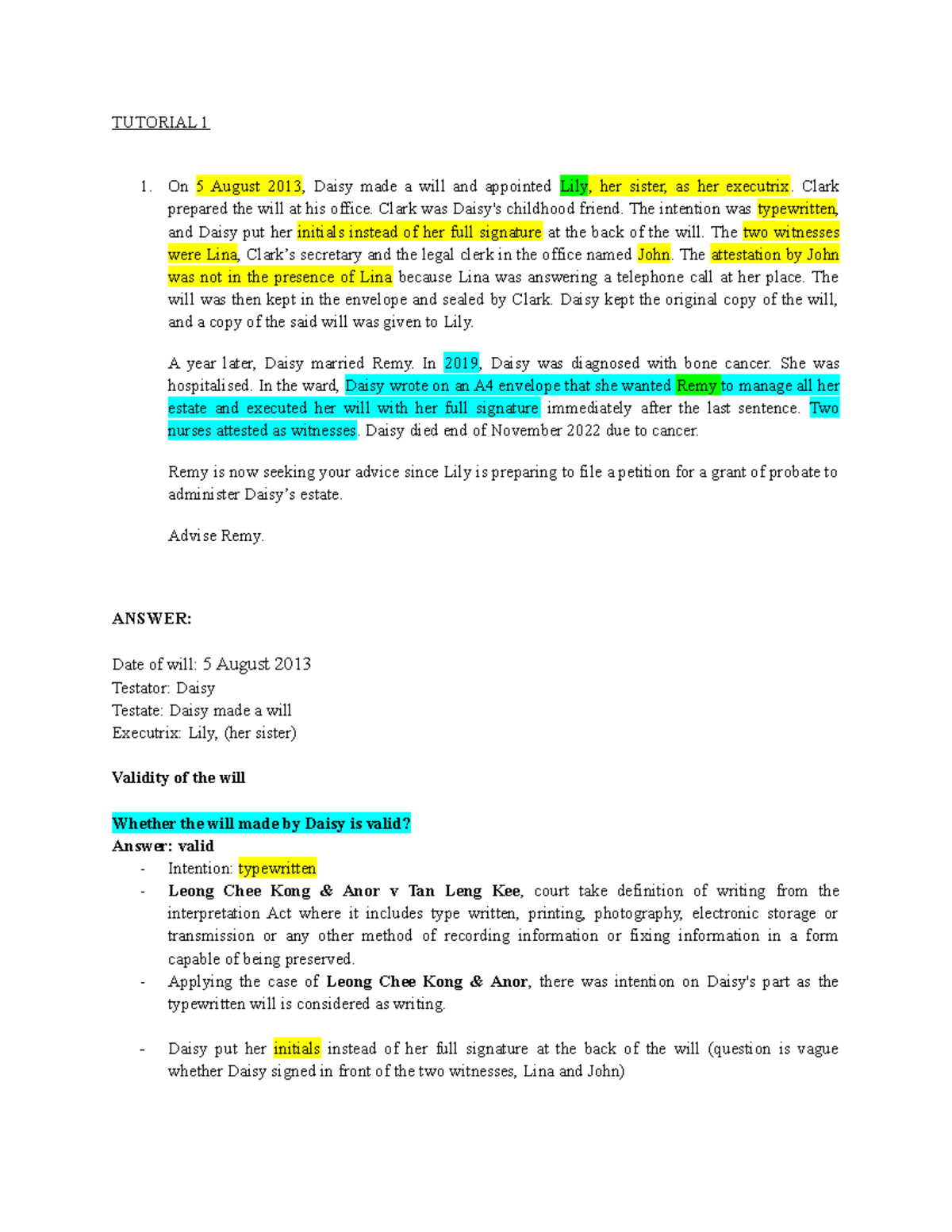 Tutorial 1 WEEK 2 Will - TUTORIAL 1 On 5 August 2013, Daisy made a will ...