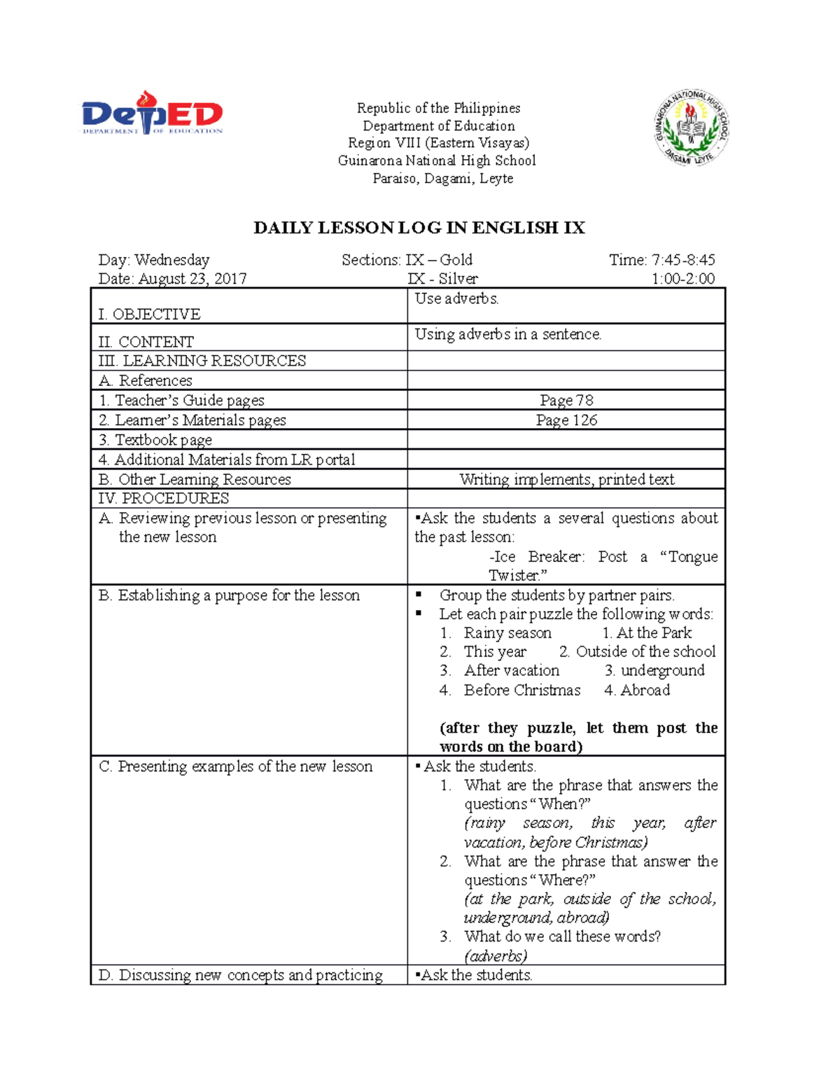 Grade 9- August 23, 2017 - Republic of the Philippines Department of ...