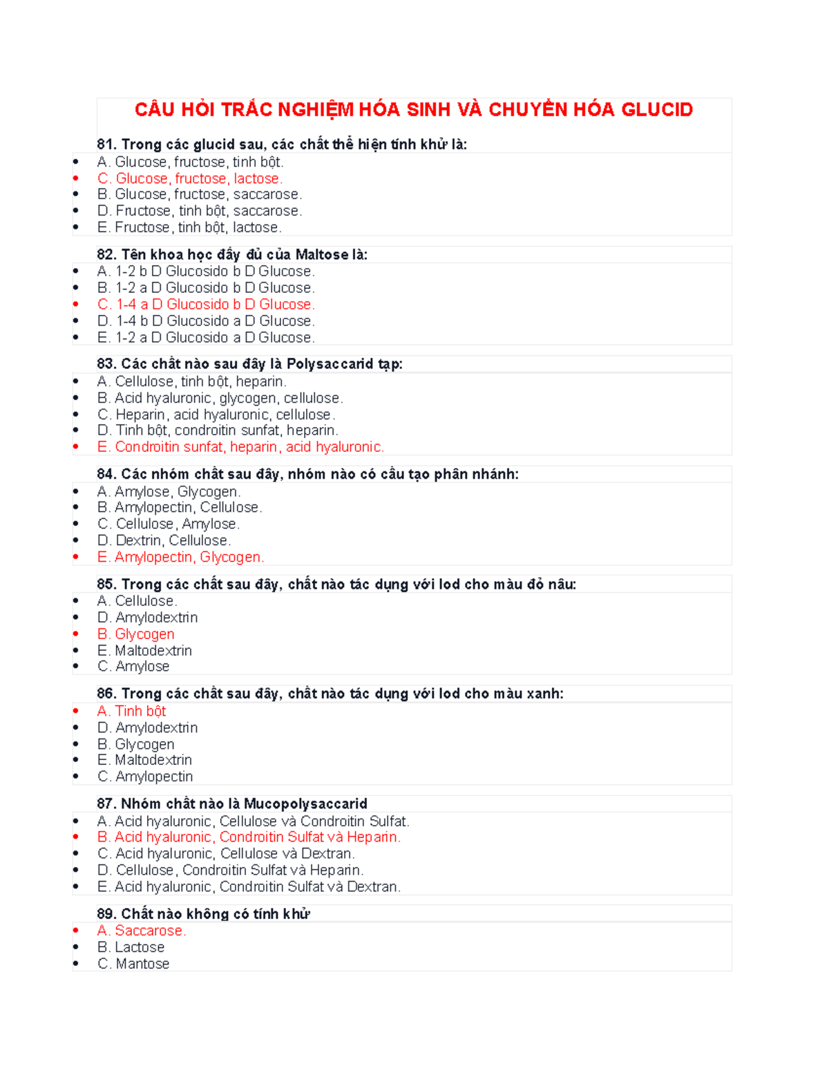 HÓA SINH CHƯƠNG 3,4 - CÂU HỎI TRẮC NGHIỆM HÓA SINH VÀ CHUYỂN HÓA GLUCID ...
