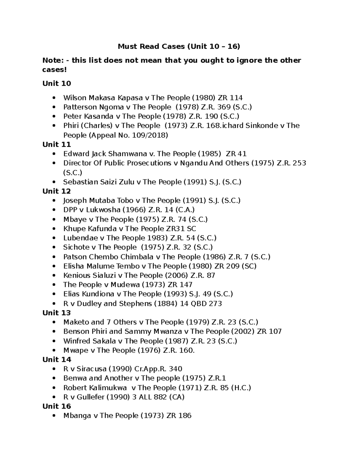 Must Read Cases Unit 10 - 16 - Must Read Cases (Unit 10 – 16) Note: - this list does not mean ...
