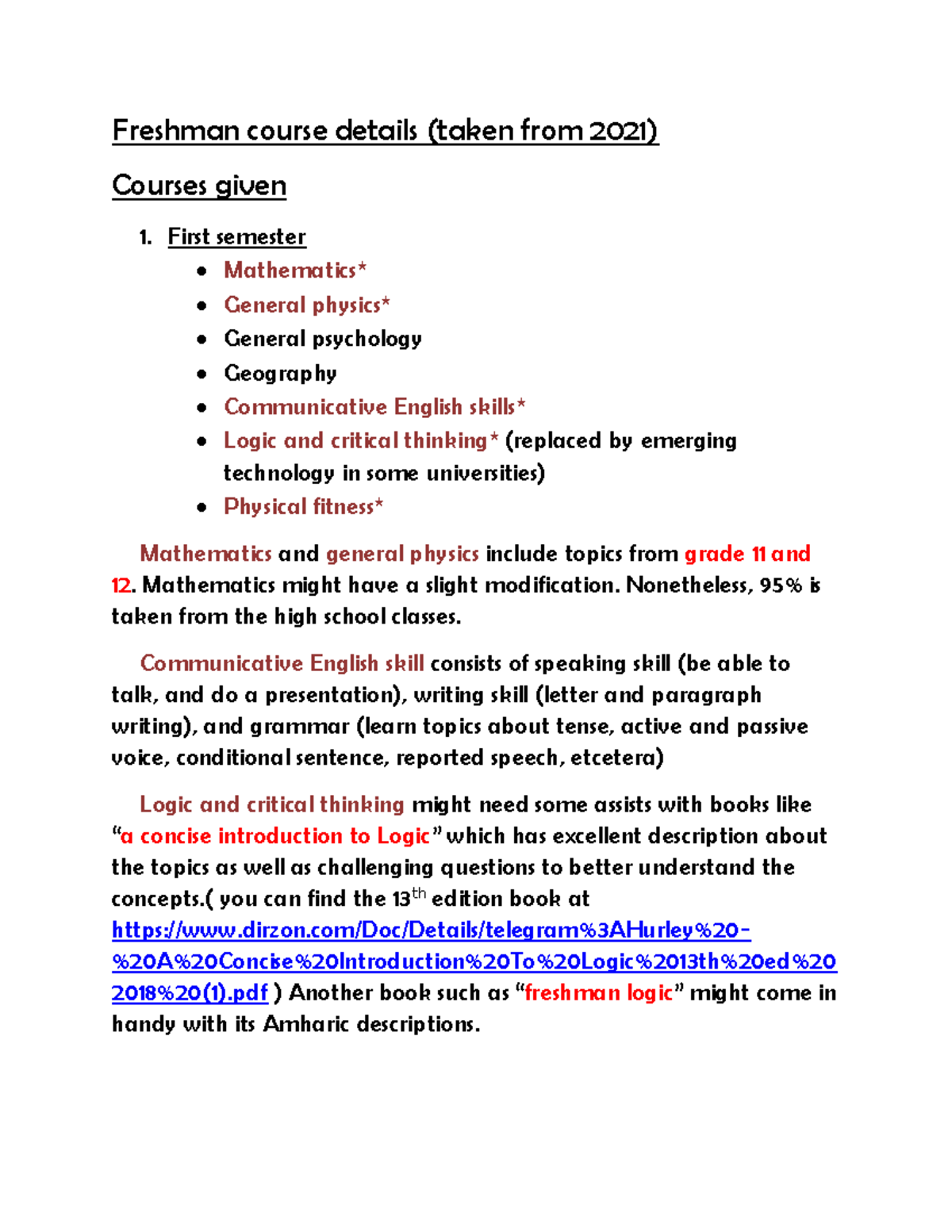 Freshman course details - Nonetheless, 95% is taken from the high ...