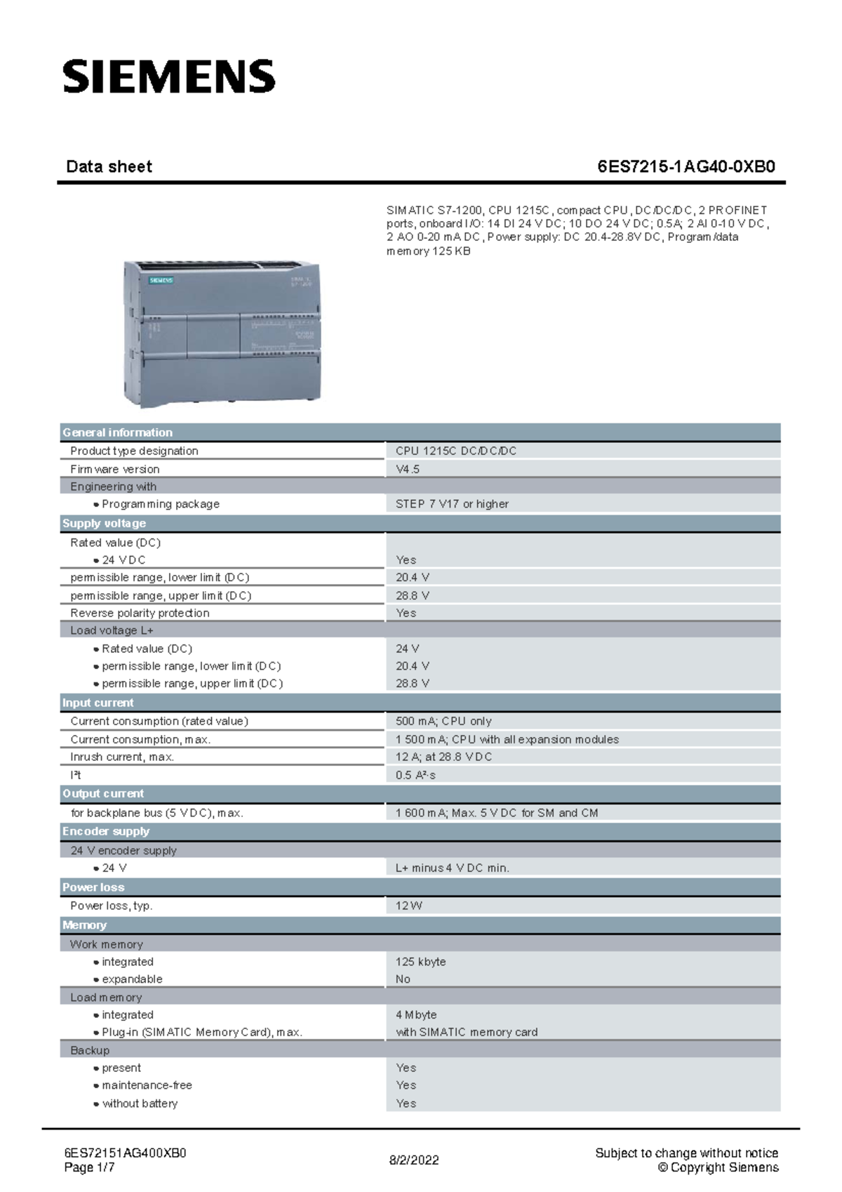 6ES72151 AG400XB0 datasheet en - Data sheet 6ES7215-1AG40-0XB SIMATIC ...