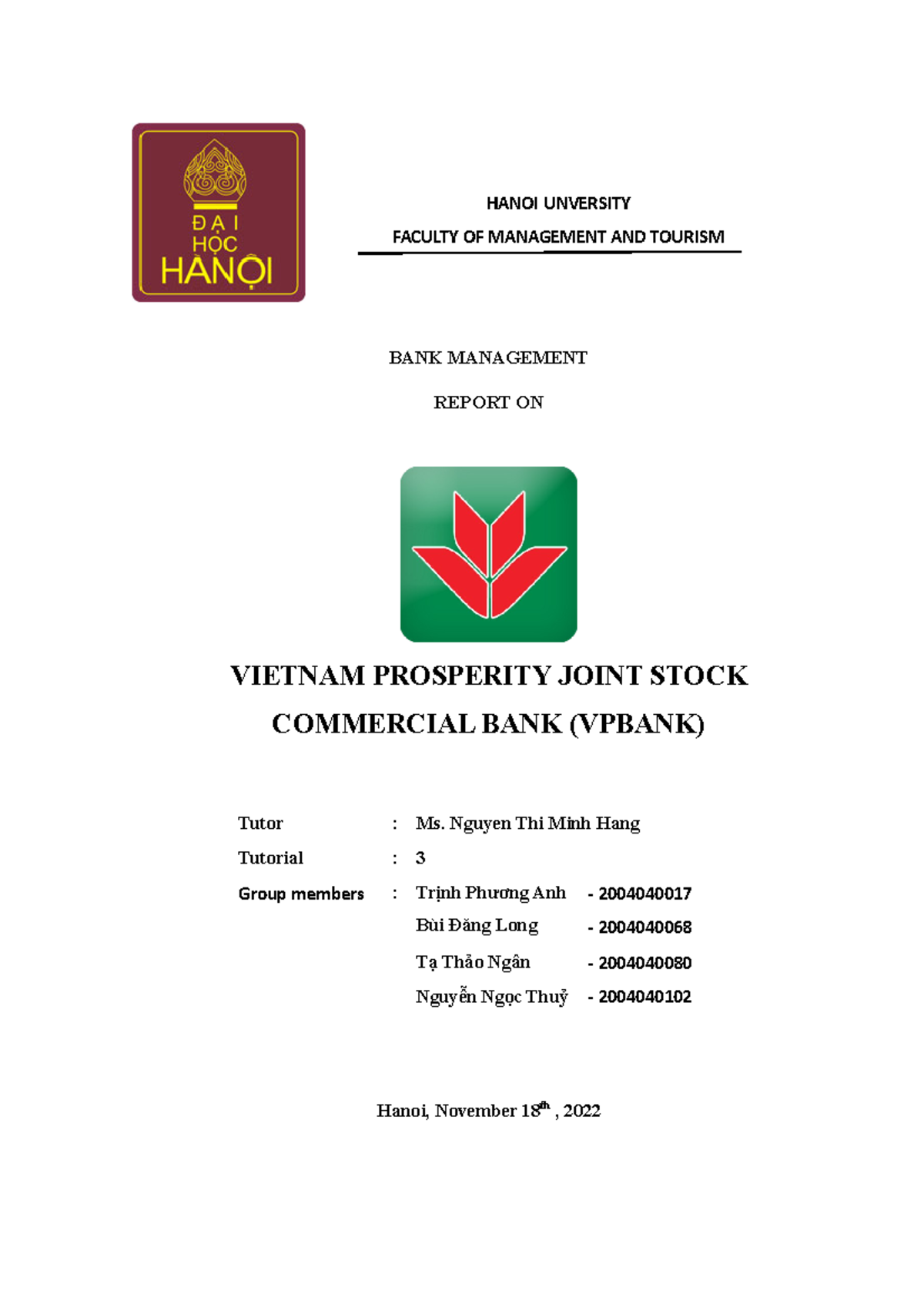 BMA report bank - HANOI UNVERSITY FACULTY OF MANAGEMENT AND TOURISM ...