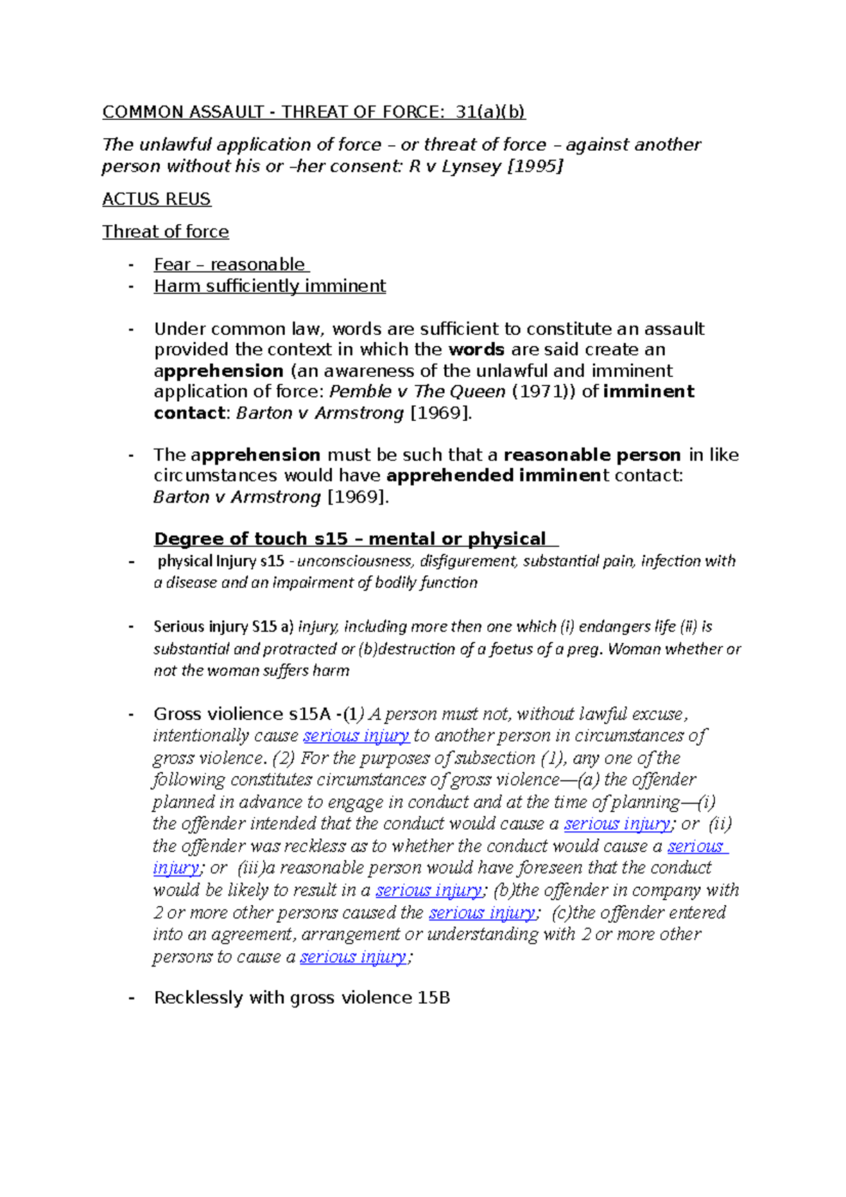 Common Assault exam notes - COMMON ASSAULT THREAT OF FORCE: 31(a)(b ...
