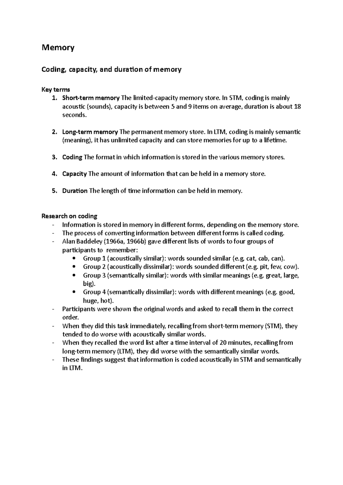 2. Memory - a level - Memory Coding, capacity, and duration of memory Key terms 1. Short-term ...