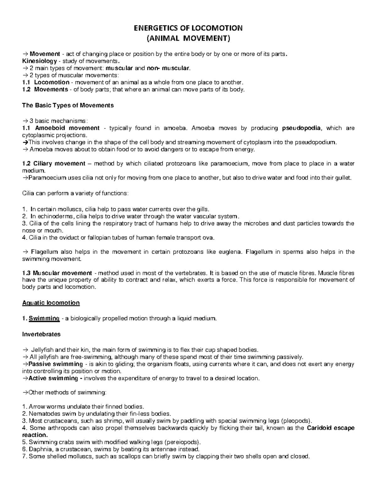 Animal Locomotion Handout - ENERGETICS OF LOCOMOTION (ANIMAL MOVEMENT ...