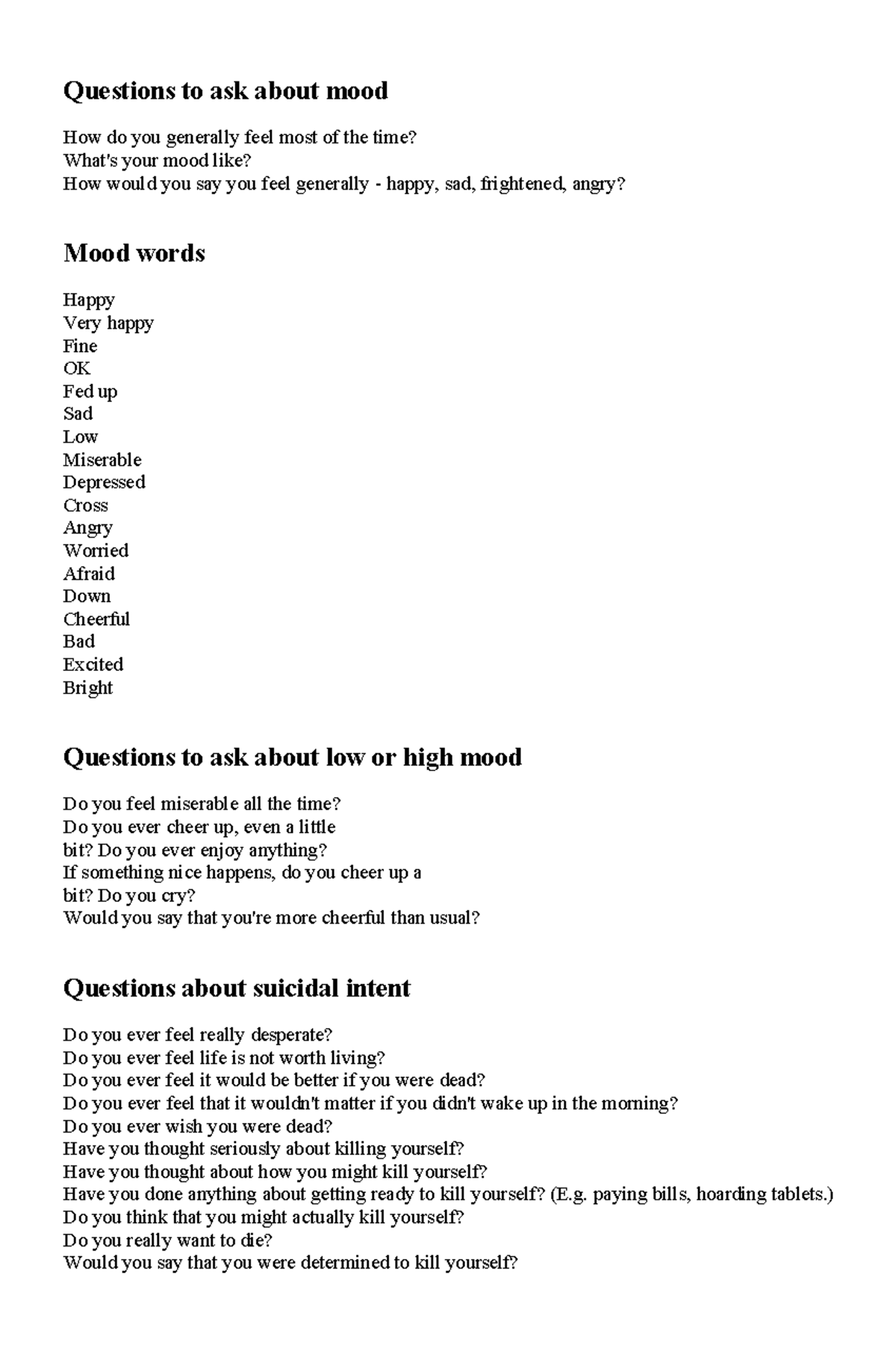 Sample- Questions - Questions to ask about mood How do you generally ...