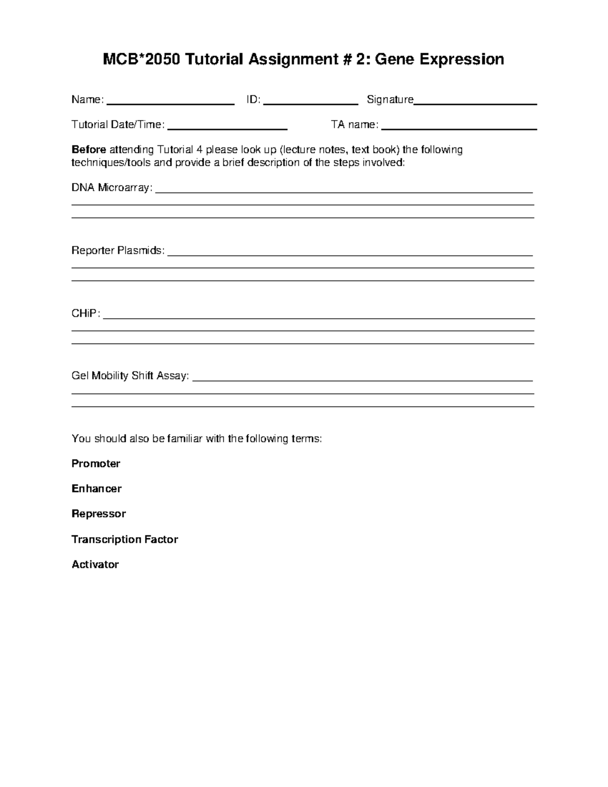 MCB2050 W19 tutorial 2 gene expression - MCB*2050 Tutorial Assignment # 2: Gene Expression Name ...