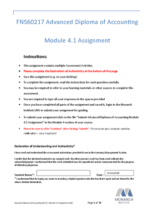 Assignment 4 part 3 - FNS60217 Advanced Diploma of Accounting Module 4 ...