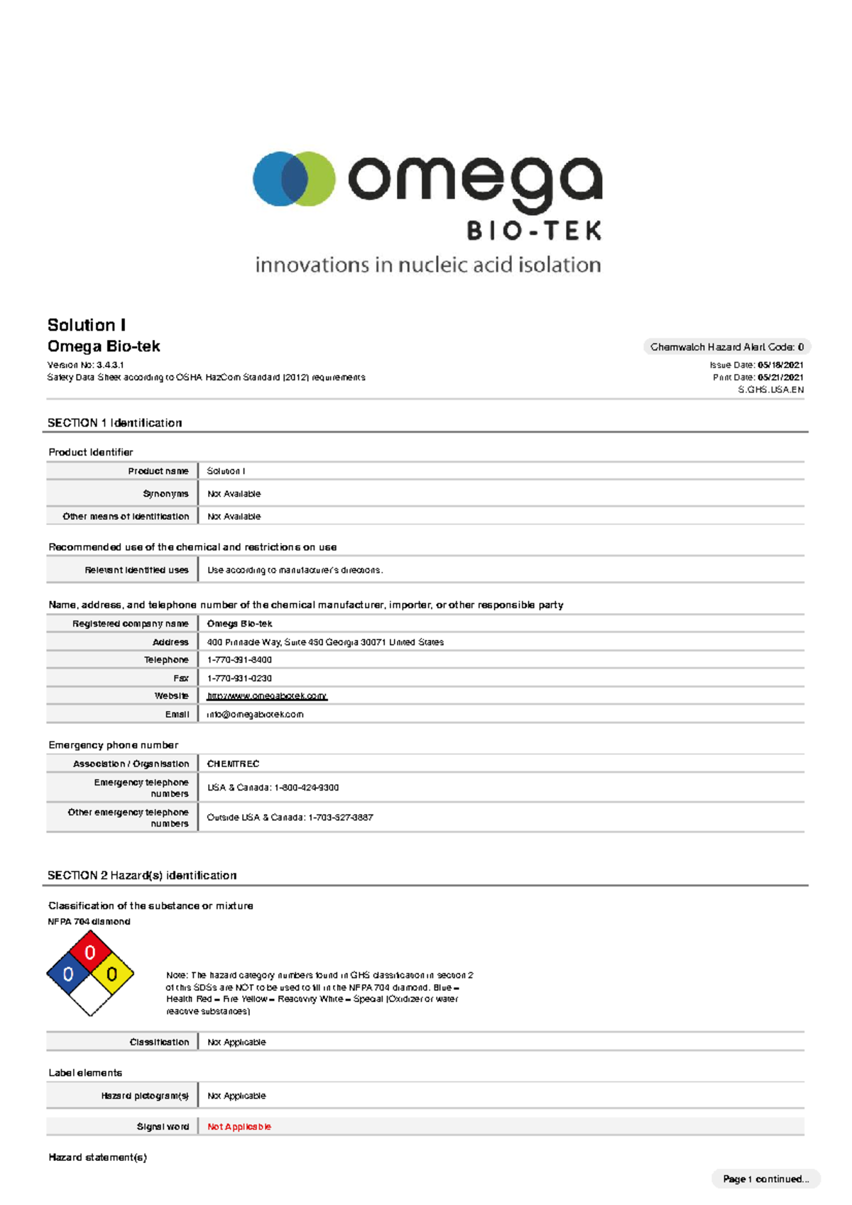 Solution I GHS English v1 - Omega Bio-tek Chemwatch Hazard Alert Code ...