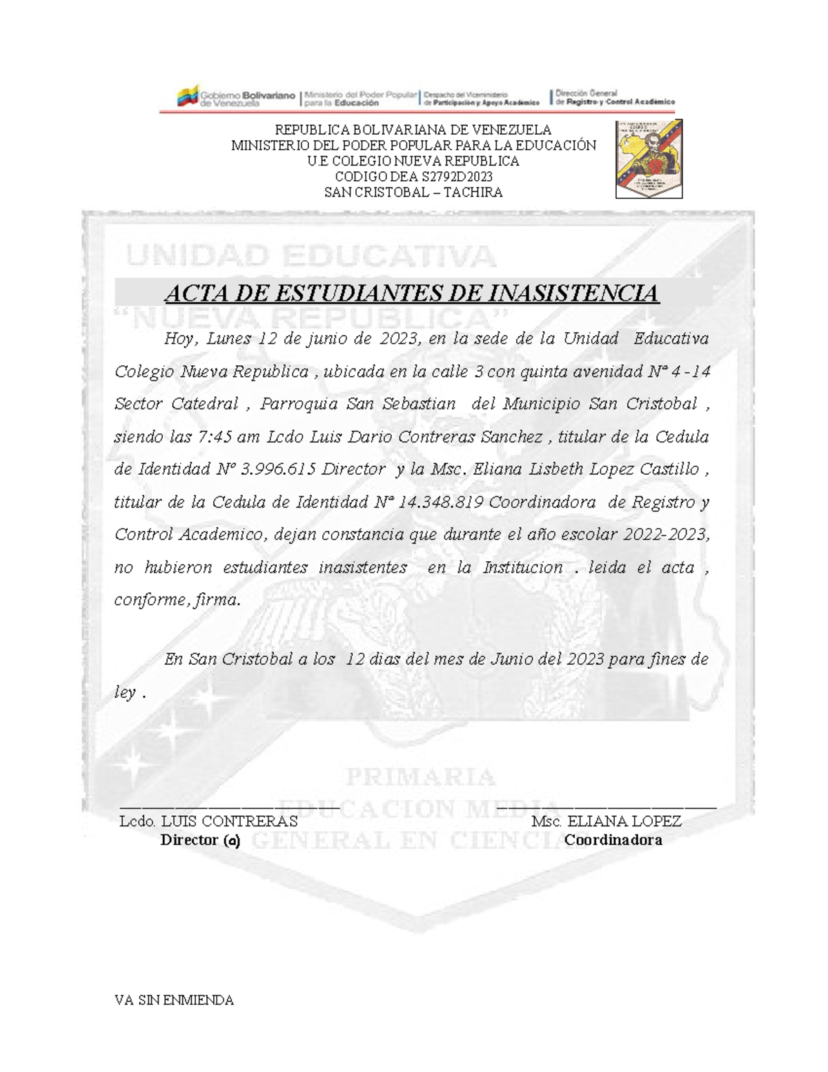 Acta de inasistencia - actas - REPUBLICA BOLIVARIANA DE VENEZUELA MINISTERIO DEL PODER POPULAR ...