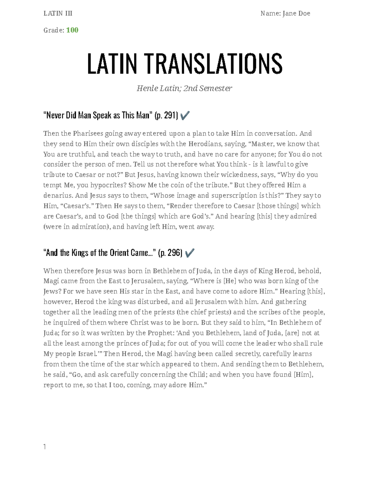 Latin III - Spring Portfolio - LATIN III Name: Jane Doe Grade: 100 ...