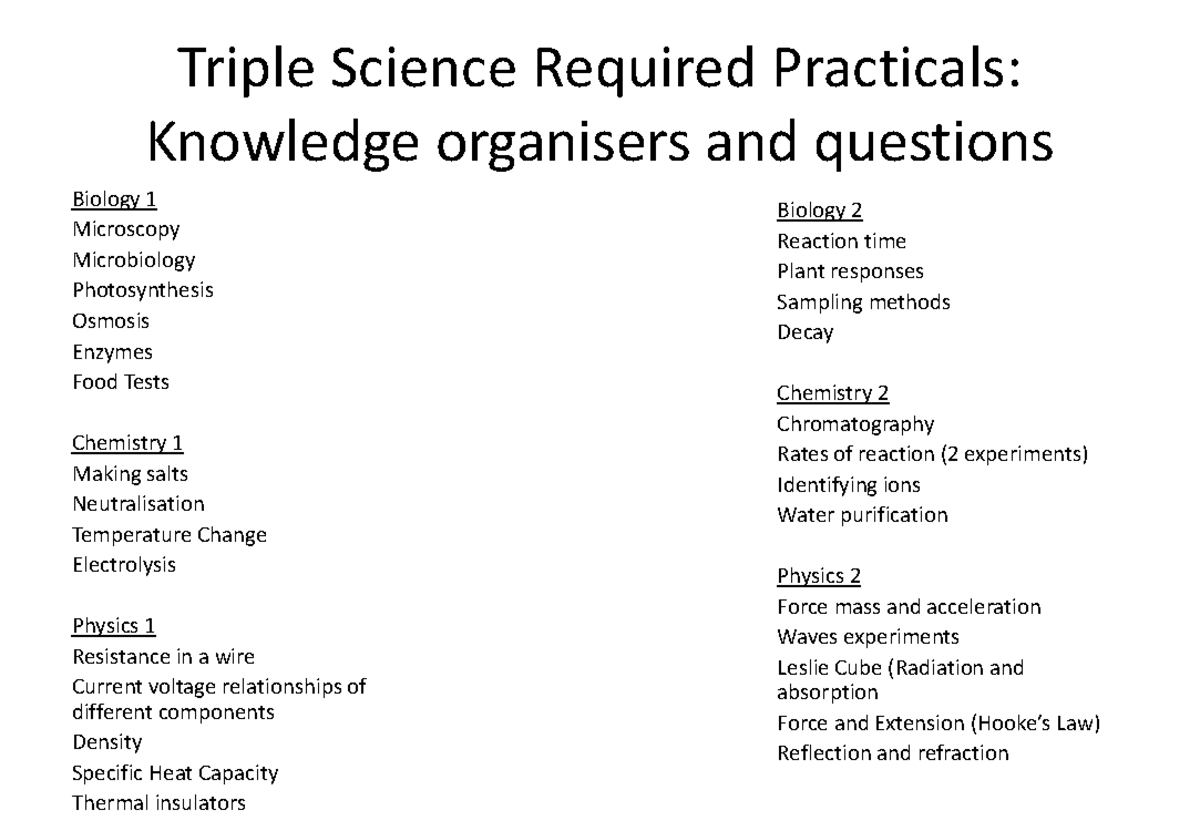 Practical Knowledge Organisers Triple Chemistry - Triple Science ...