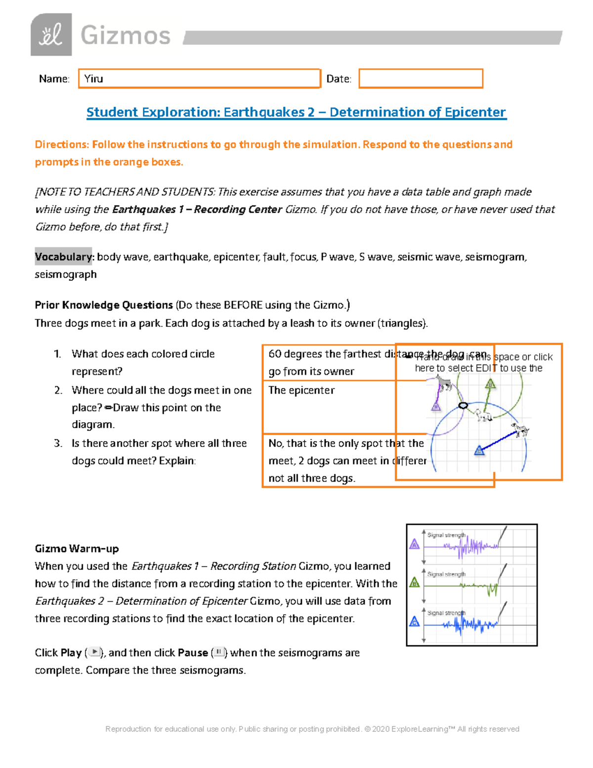 Copy of Earthquakes Epicenter Gizmo - Name: Yiru Date: Student ...