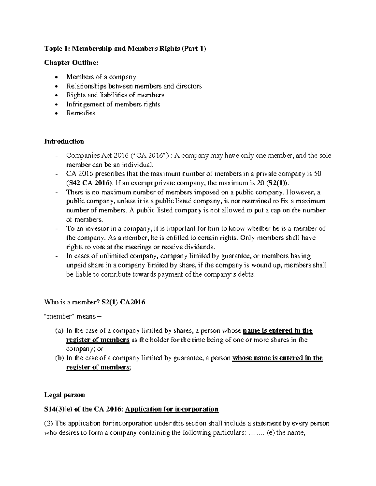 Topic 1 - Topic 1: Membership and Members Rights (Part 1) Chapter ...