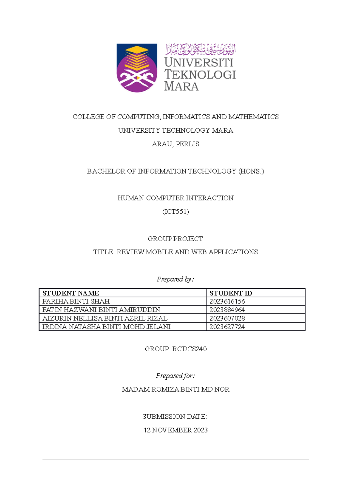 Report Assignment 1 - ICT551 - COLLEGE OF COMPUTING, INFORMATICS AND ...