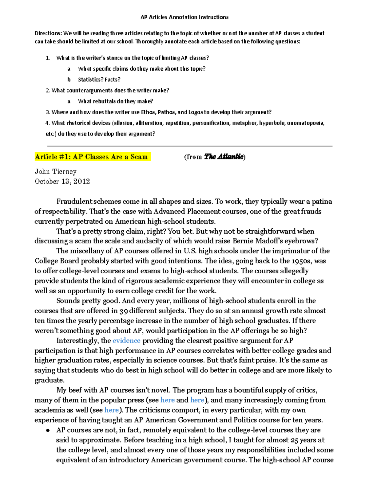 Article #1 AP Classes Are a Scam - AP Articles Annotation Instructions ...