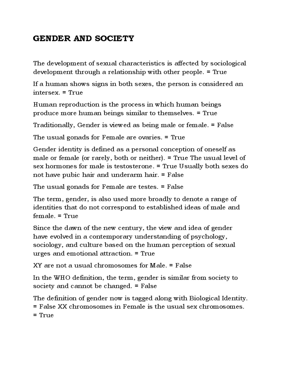 Gender and Society Quiz - GENDER AND SOCIETY The development of sexual ...