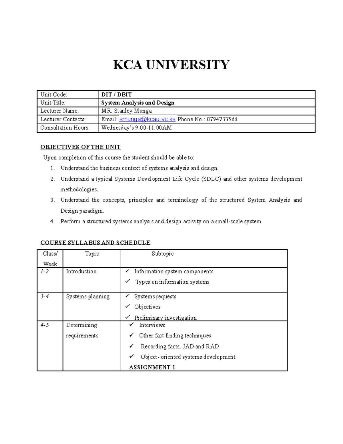Course Outline System Analysis And Design Kca University Unit Code Dit Dbit Unit Title
