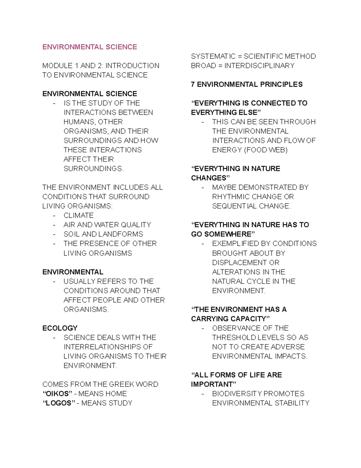 Envi sci reviewer (midterms) - ENVIRONMENTAL SCIENCE MODULE 1 AND 2 ...