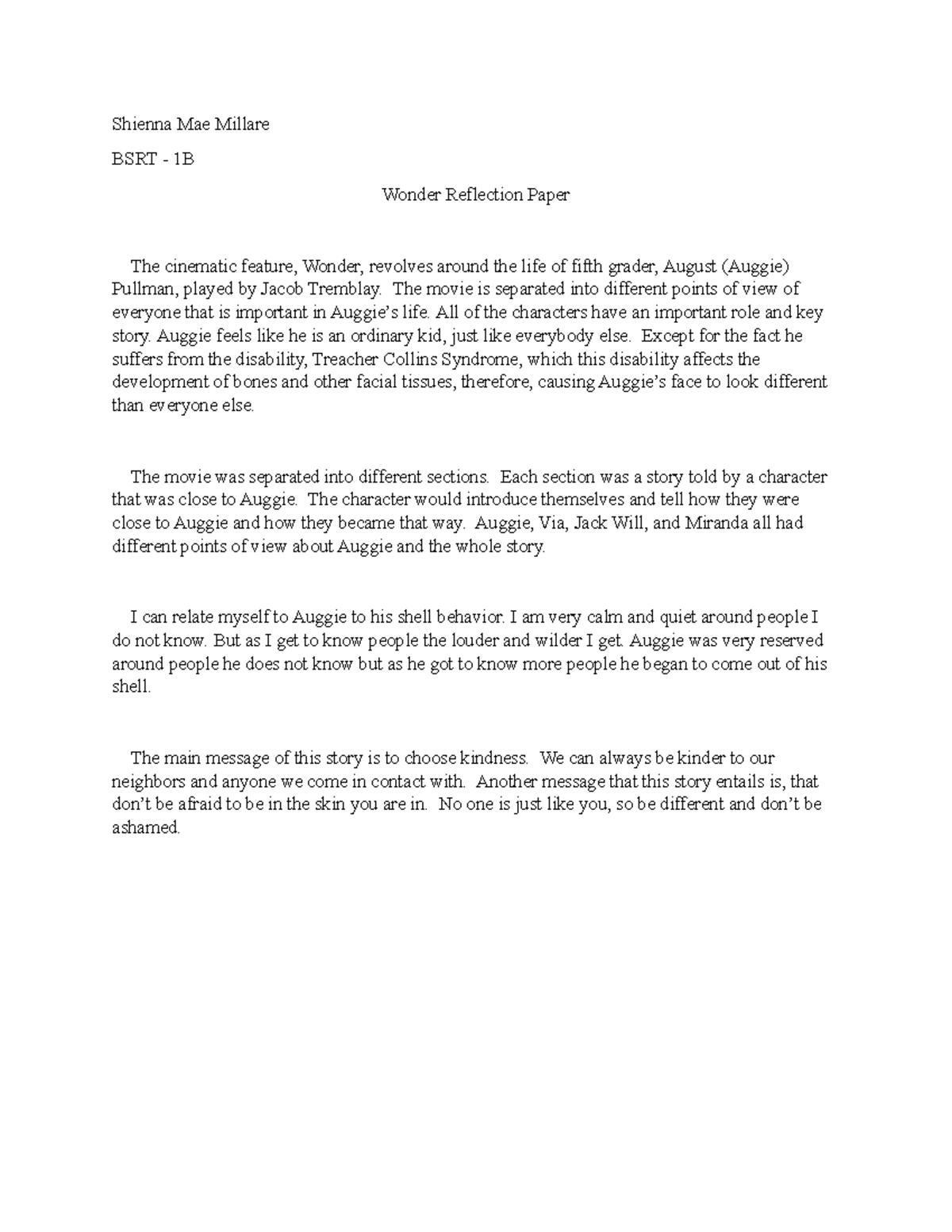 Wonder Reflection Paper - Shienna Mae Millare BSRT - 1B Wonder ...