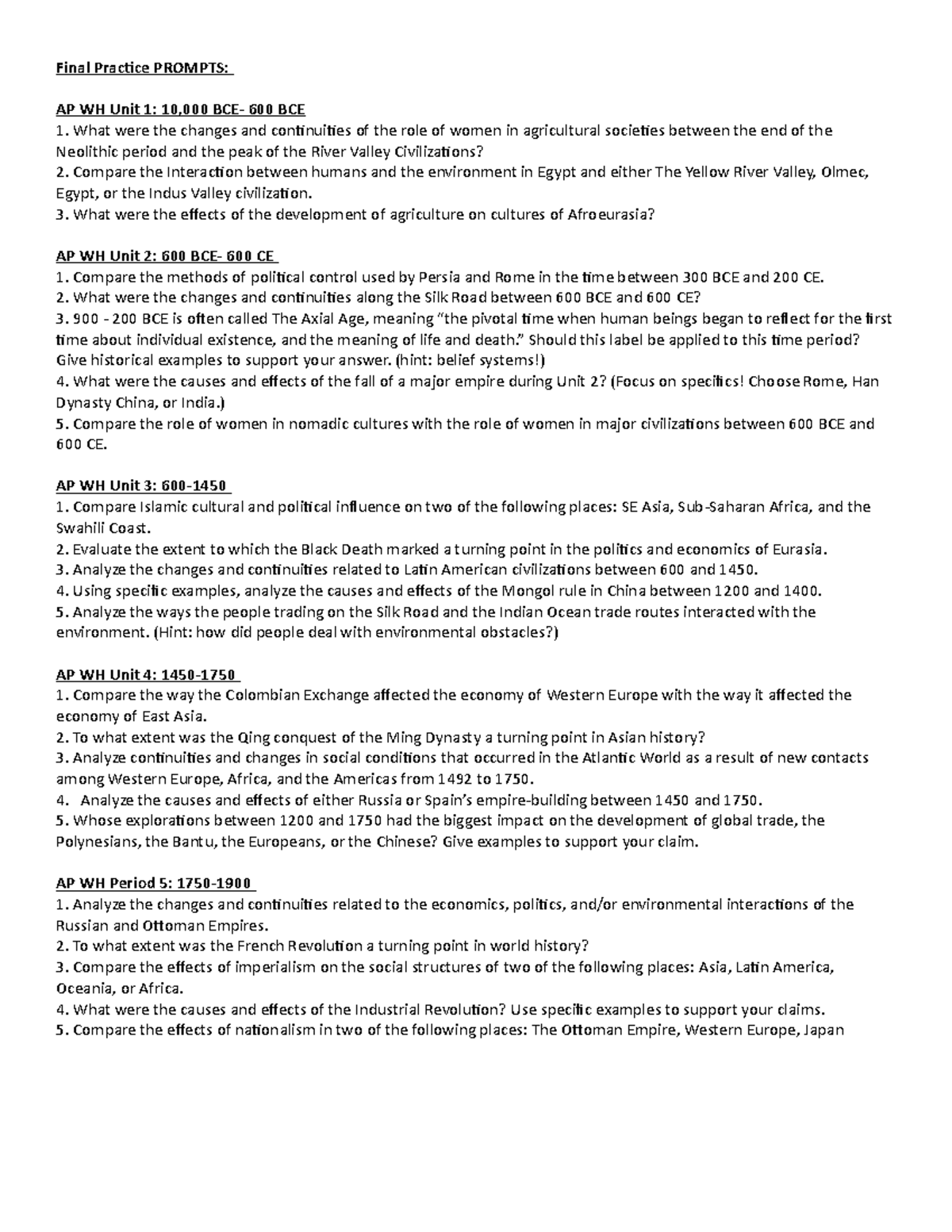Final Practice prompts 2018 AP World Prompts - Final Practice PROMPTS ...