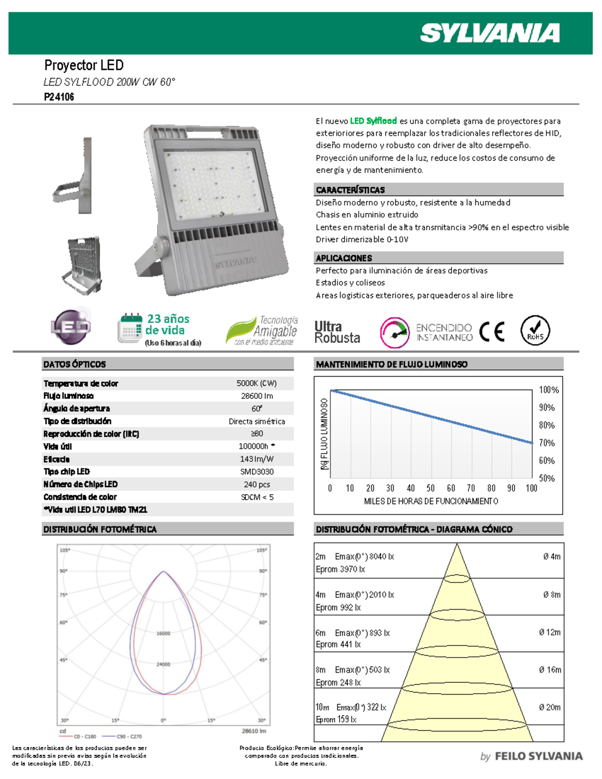 P24106-LED Sylflood 200W CW 60° (Ficha Prof) - Proyector LED LED ...