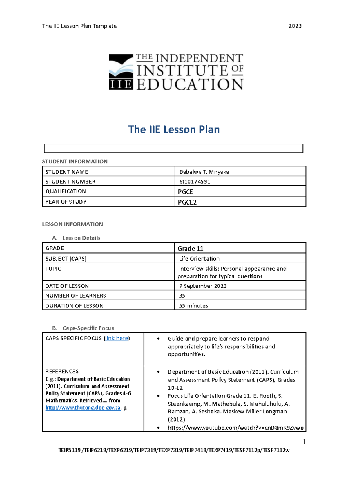 Lesson Plan Grade 11 Interview skills - 1 The IIE Lesson Plan STUDENT ...