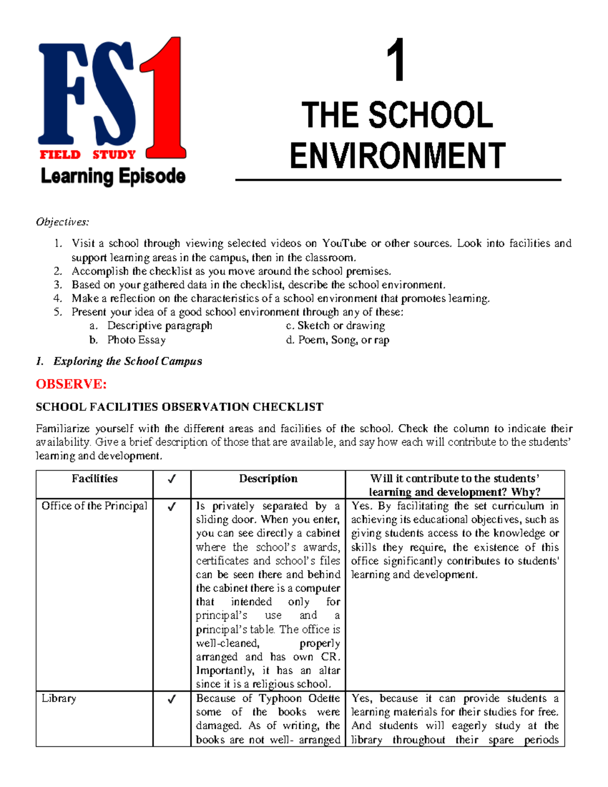 2 - FIELD STUDY - 1 THE SCHOOL ENVIRONMENT ####### Objectives ...