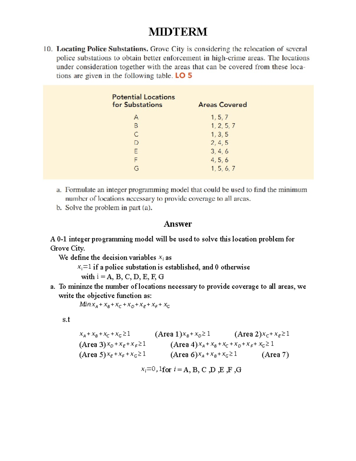 Midterm Khoa Học Quản Lí Midterm Answer A 0 1 Integer Programming Model Will Be Used To