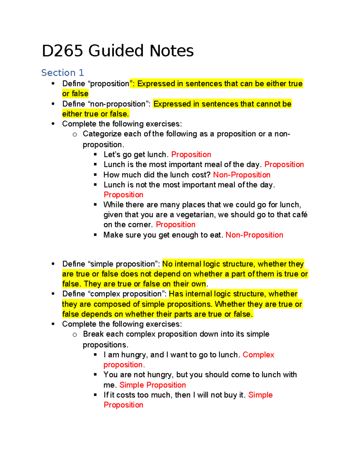 D265 Guided Notes 1 - D265 Guided Notes Section 1 Define “proposition ...