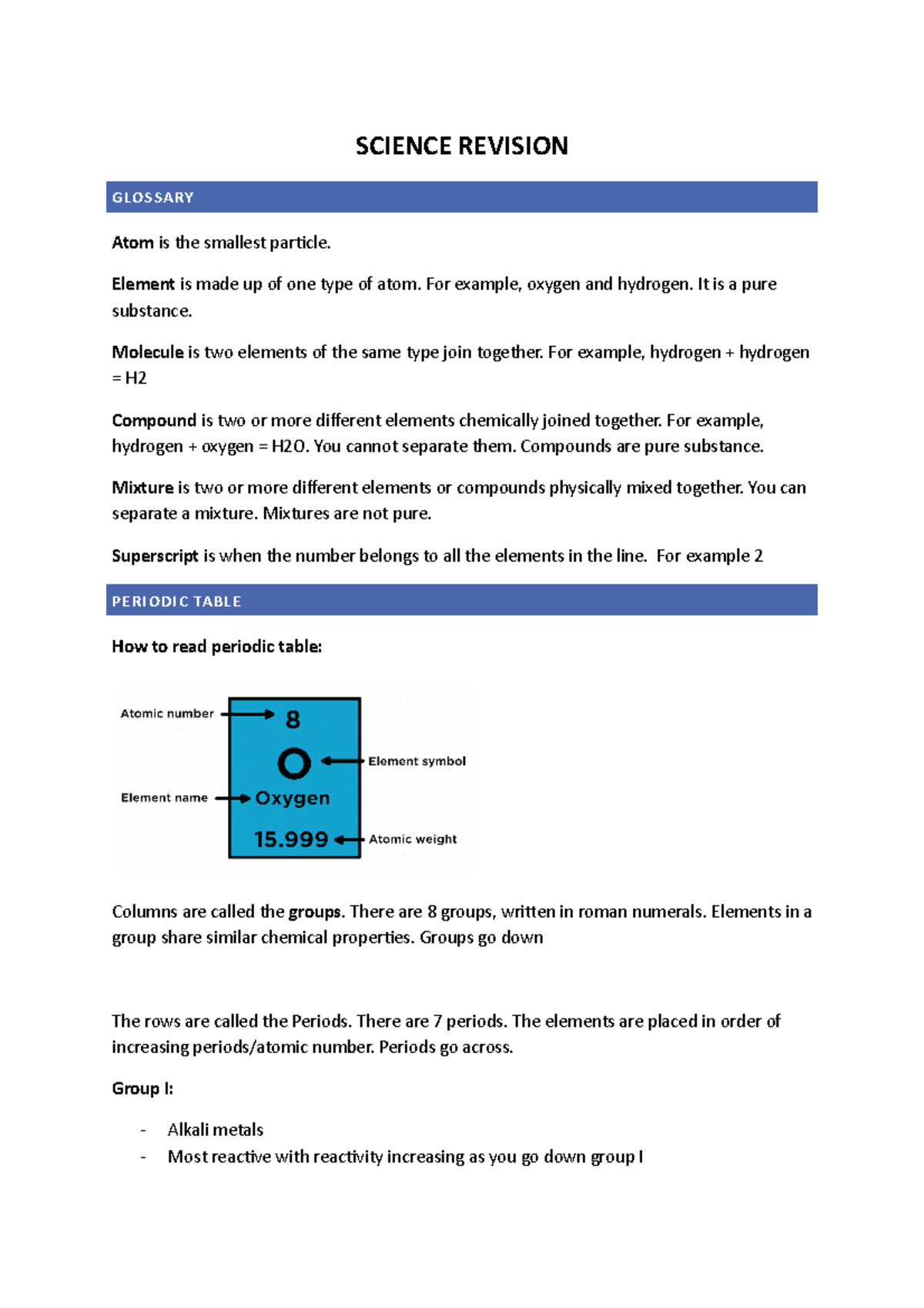 Science Revision - SCIENCE REVISION GLOSSARY Atom is the smallest ...