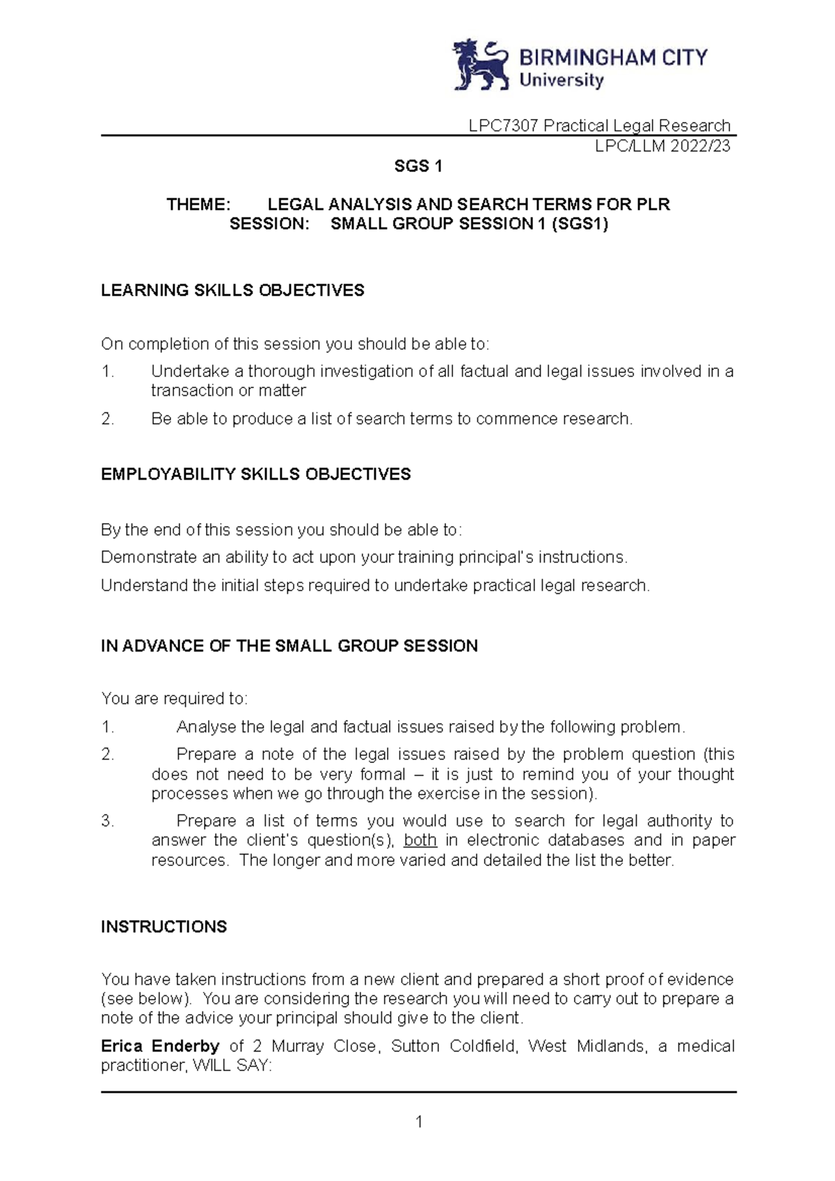 SGS 1 - SGS 1 - LPC7307 Practical Legal Research LPC/LLM 2022/ SGS 1 ...