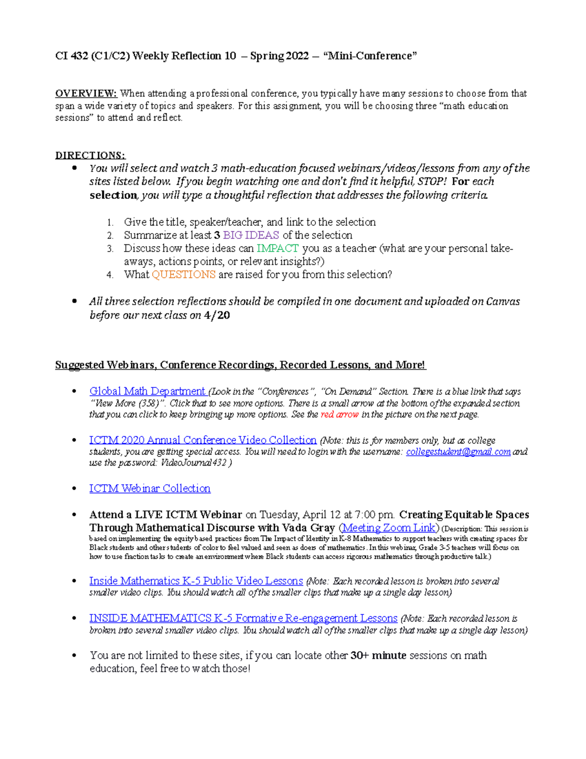 Reflection 10(Mni-Conference)CI432 SP22 - CI 432 (C1/C2) Weekly ...