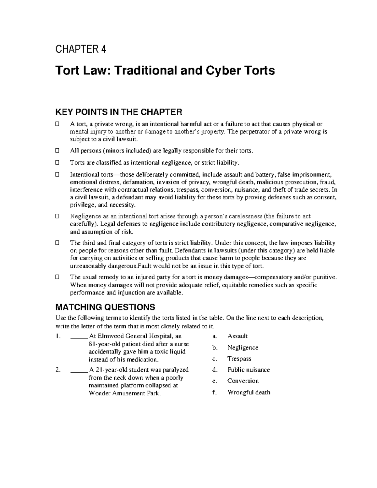 Ch04 Tort Law Traditional and Cyber Torts - CHAPTER 4 Tort Law ...