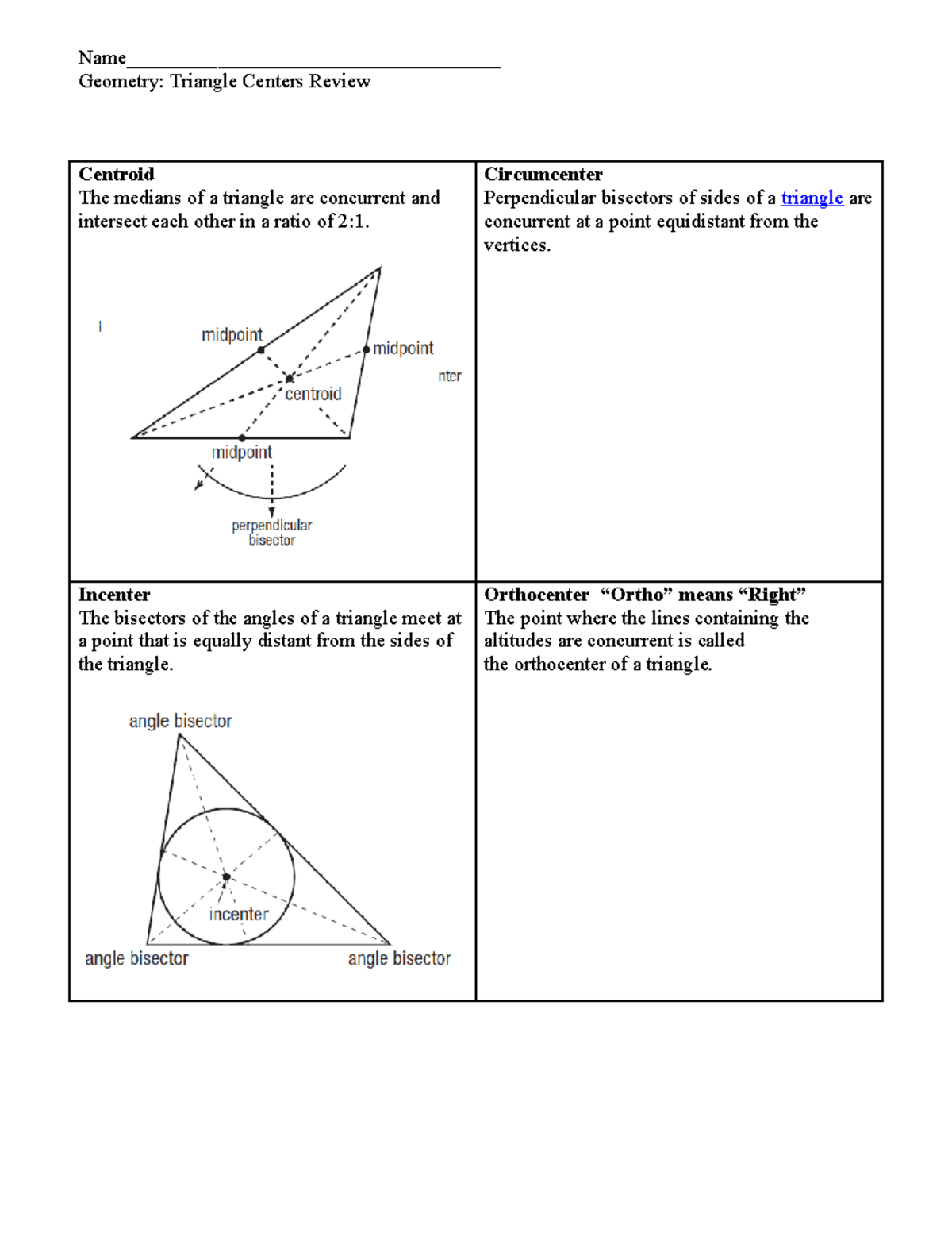 Triangle Centers Review Packet - Name ...