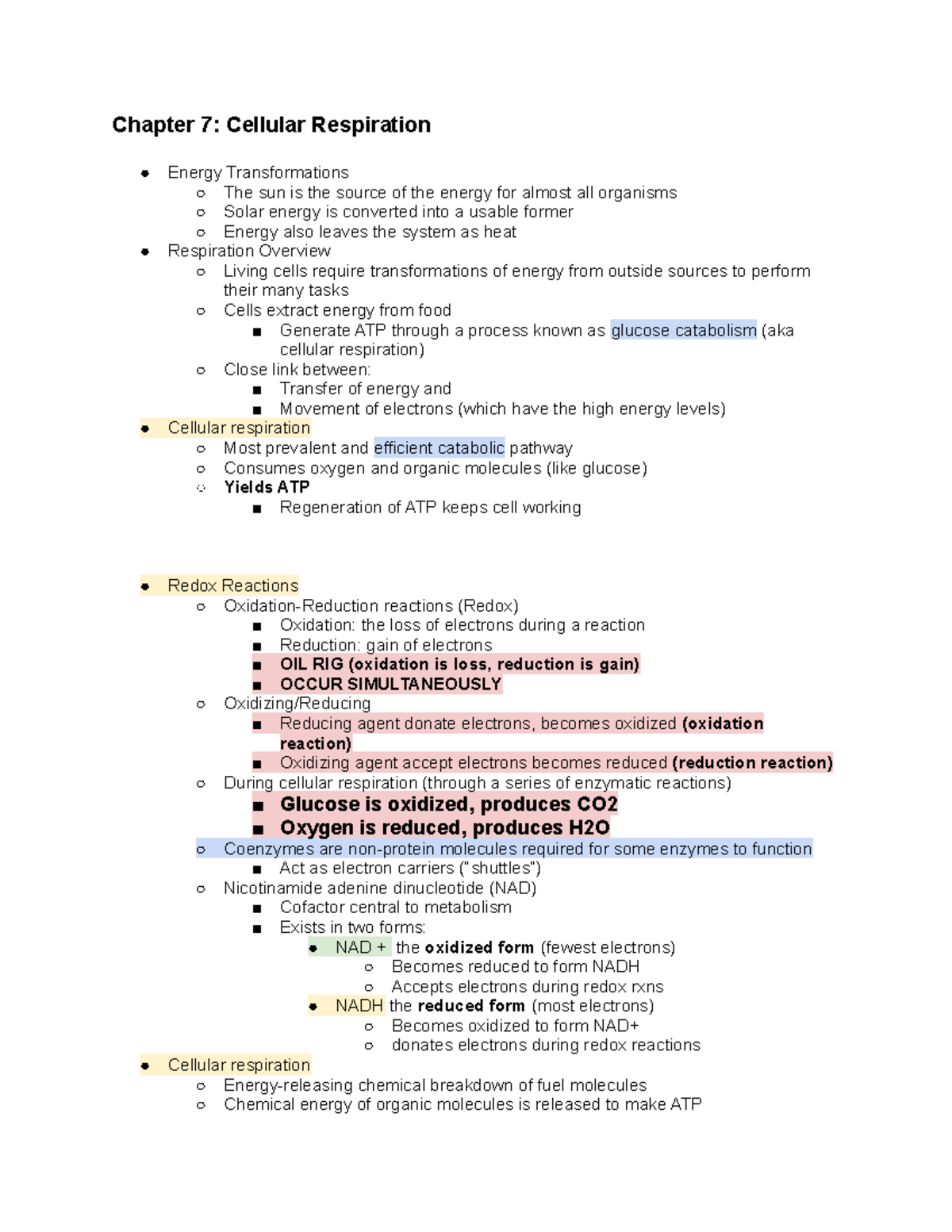Bio 111 chap 7 - Dr. Angela Hawkins - Chapter 7: Cellular Respiration ...