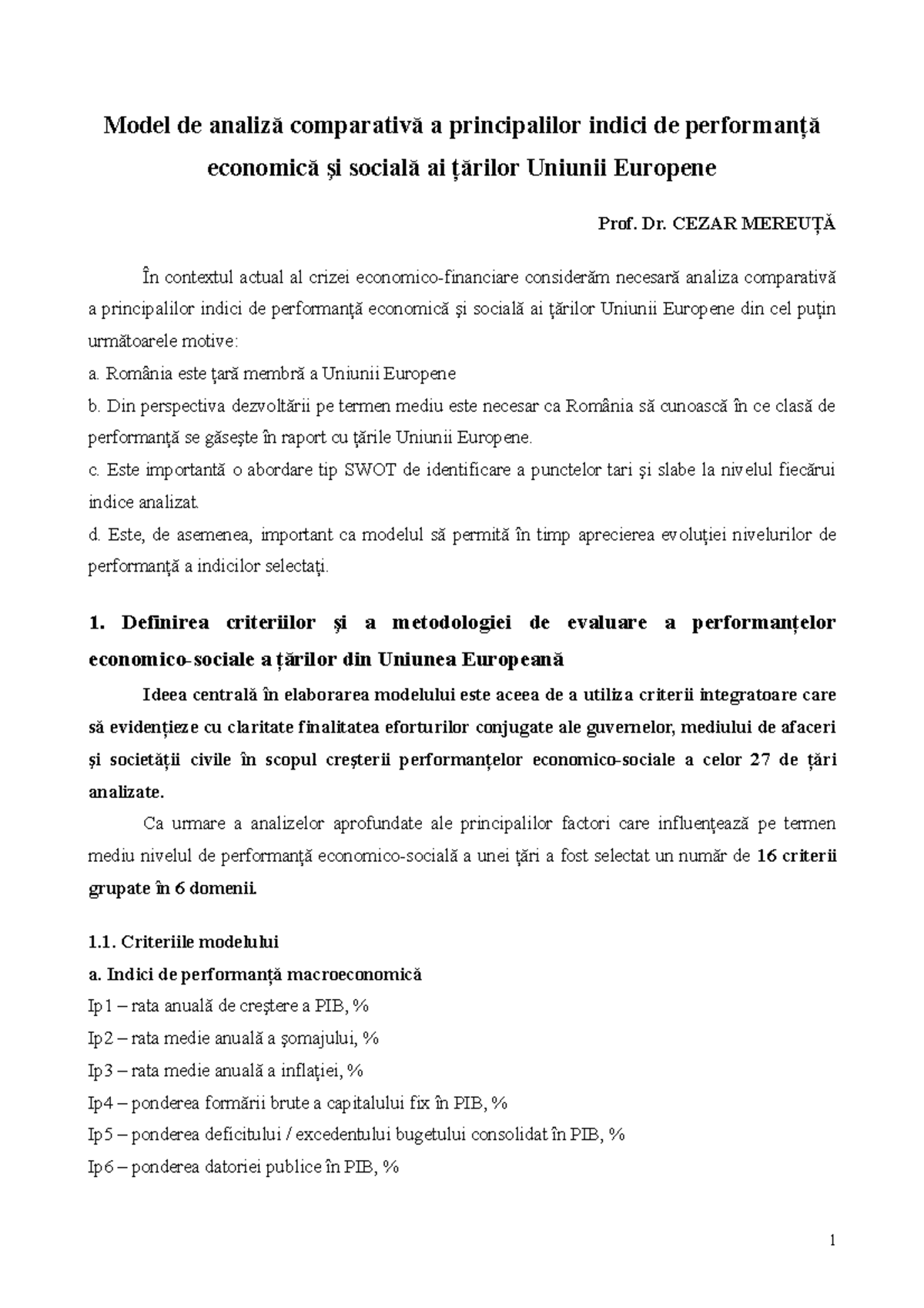 C25 1 - rezumat - Model de analiză comparativă a principalilor indici ...